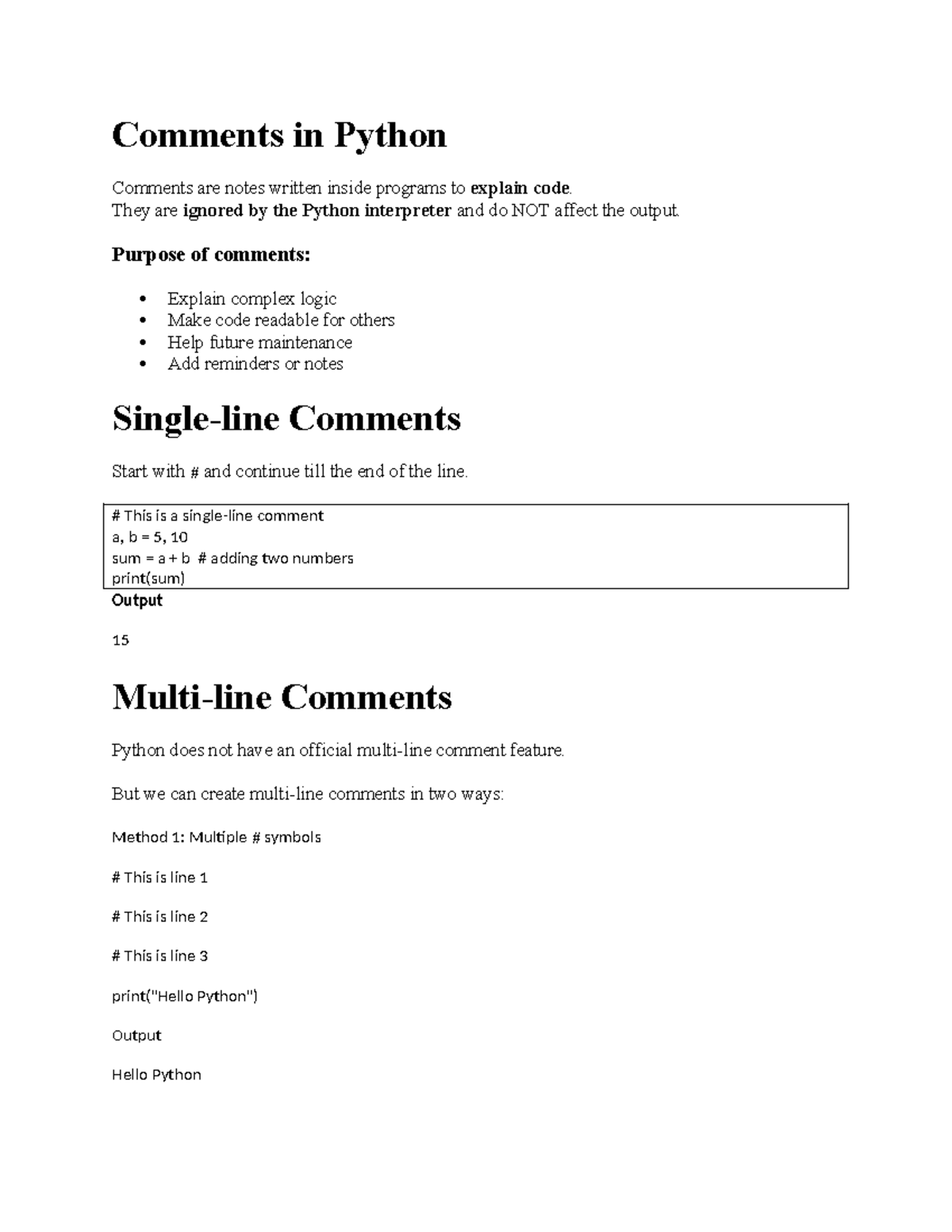 Python Comments: Understanding Their Purpose and Usage - Studocu