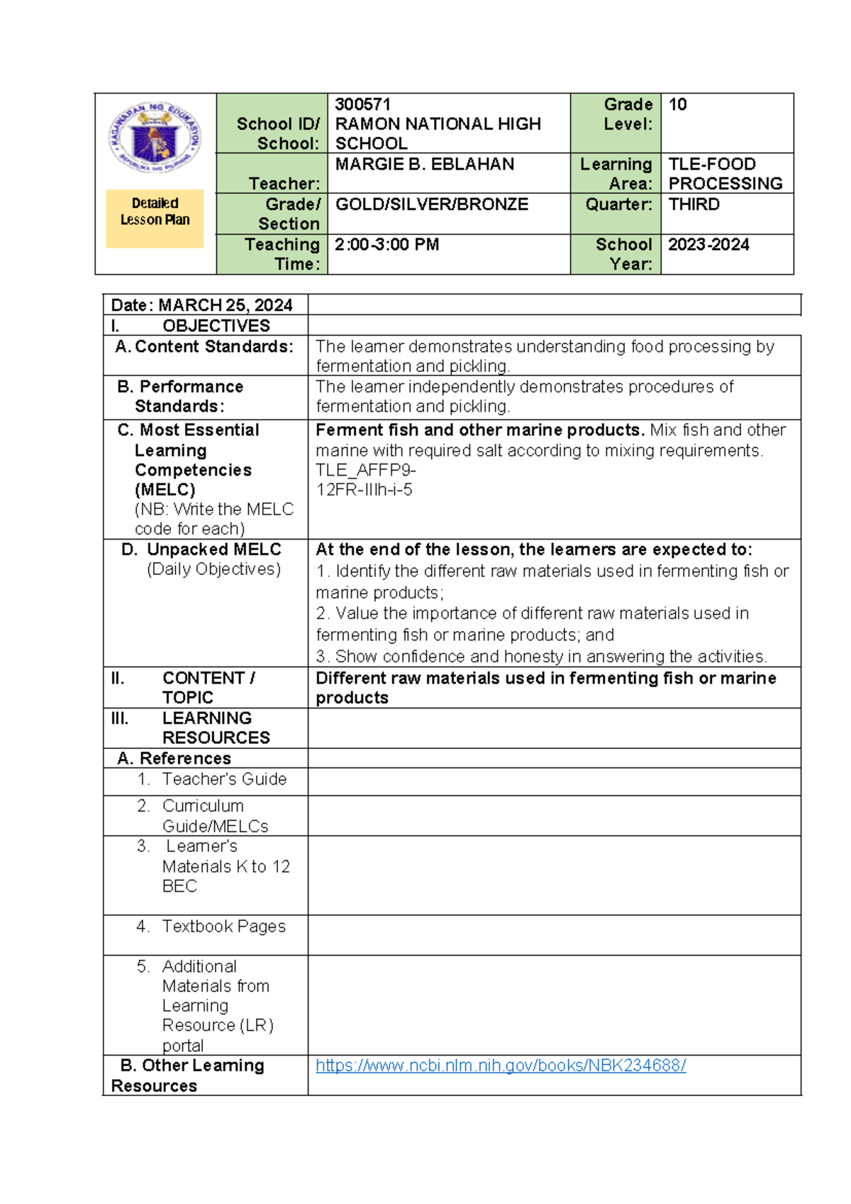 March 25 - lesson plan - Date: MARCH 25, 2024 I. OBJECTIVES A. Content ...