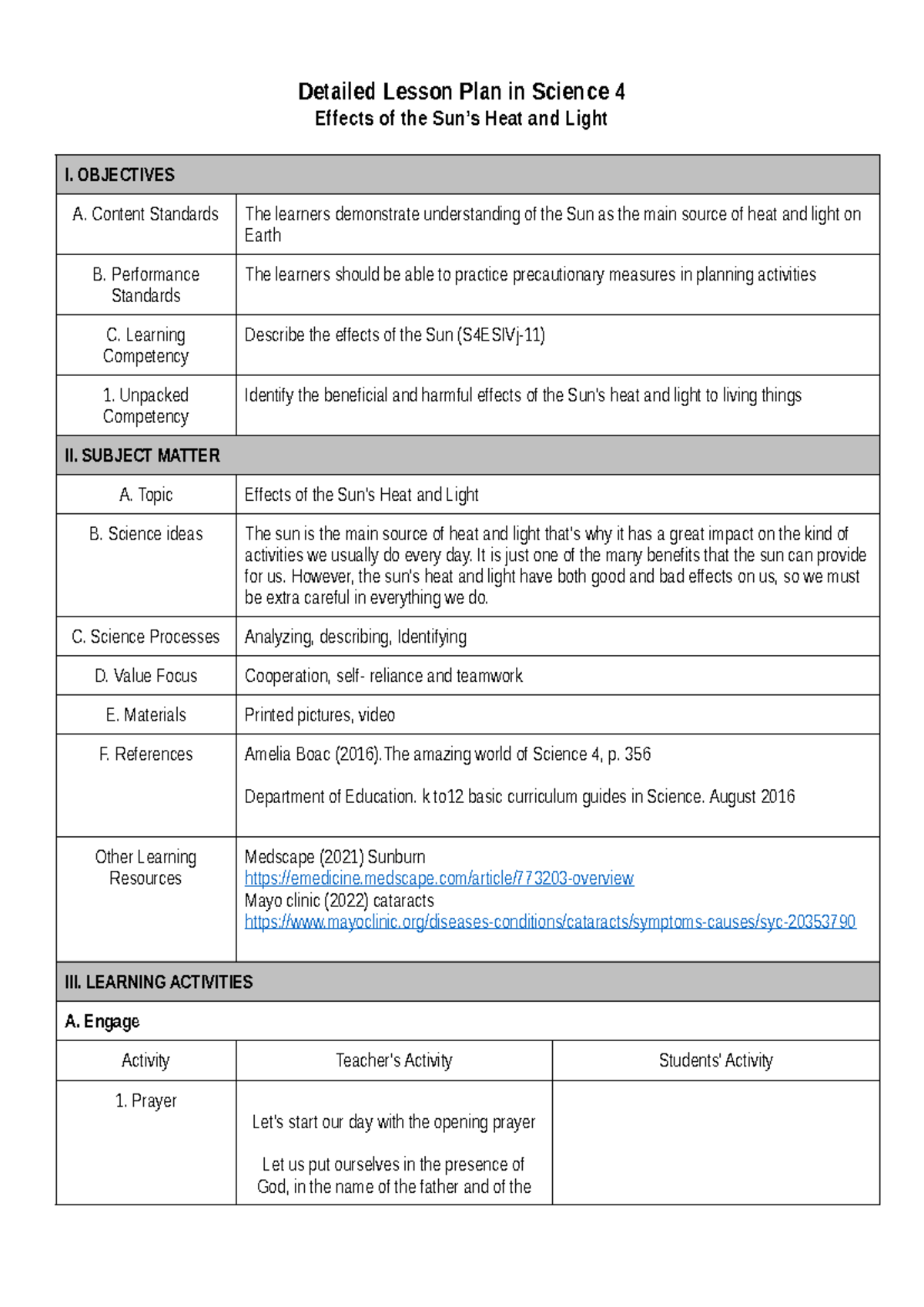 Detailed Lesson Plan for Science 4: Effects of Sun’s Heat & Light - Studocu