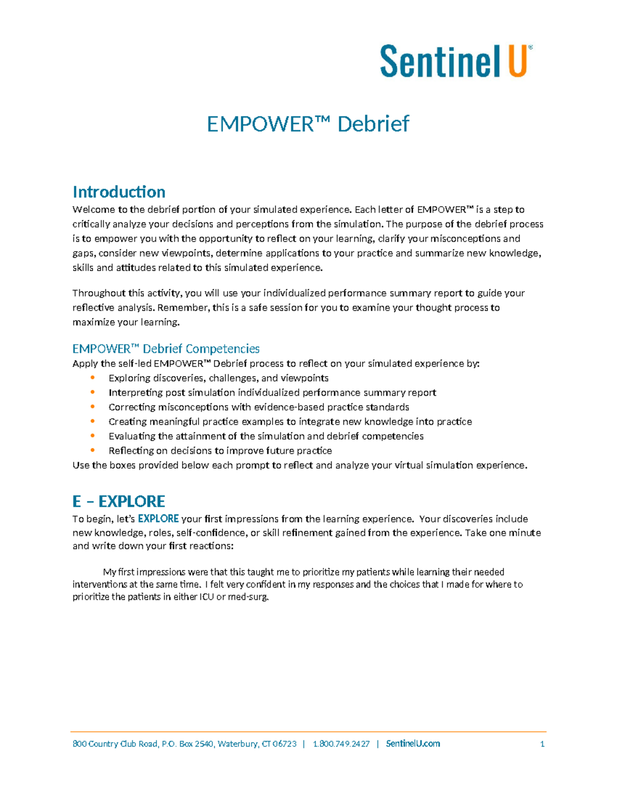 EMPOWER™ Debrief Worksheet: Reflecting on Simulation Experiences - Studocu