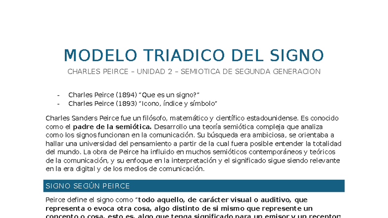 Charles Peirce - MODELO TRIADICO DEL SIGNO CHARLES PEIRCE – UNIDAD 2 ...