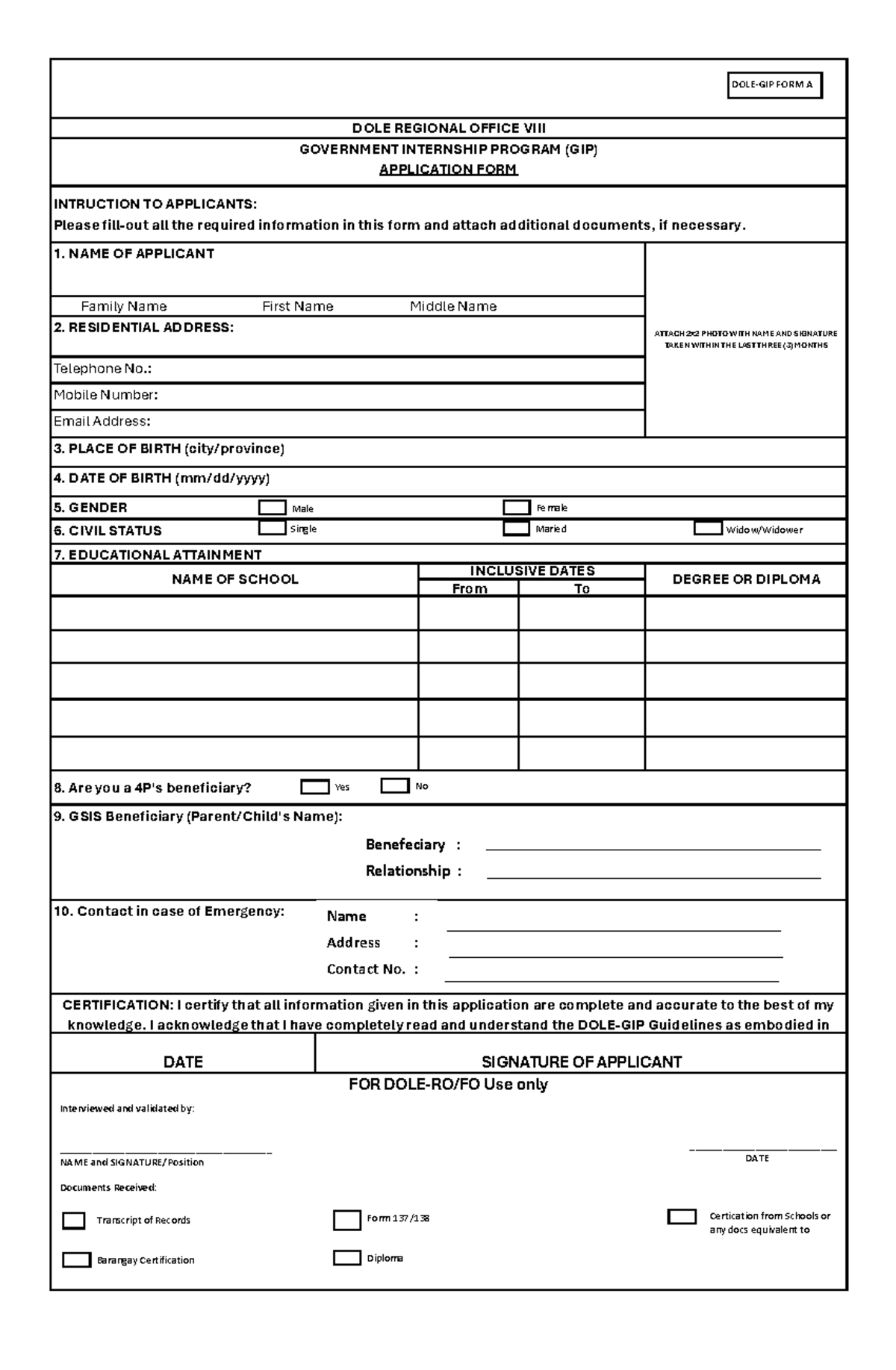 GIP Application Form Instructions for DOLE Internship Program - Studocu