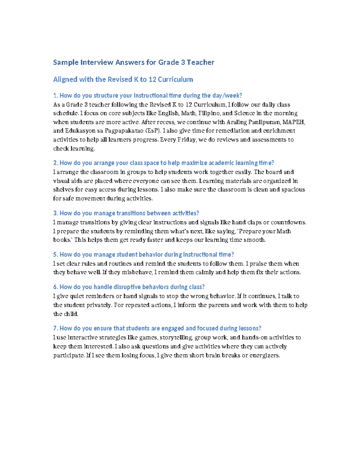 Grade 3 Teacher Interview Answers: K to 12 Curriculum Insights - Studocu