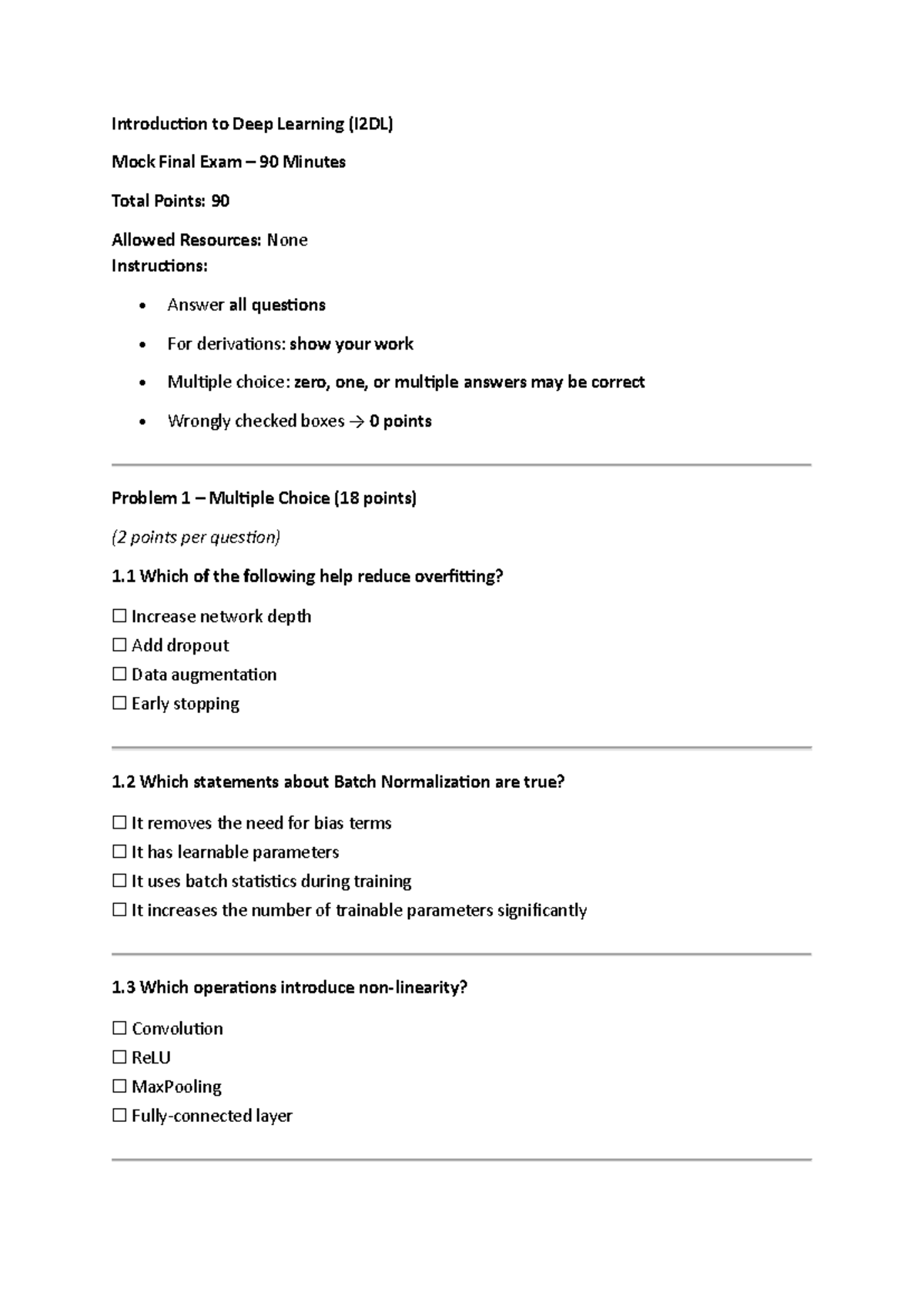 I2DL Mock Final Exam: Deep Learning Concepts & Applications - Studocu