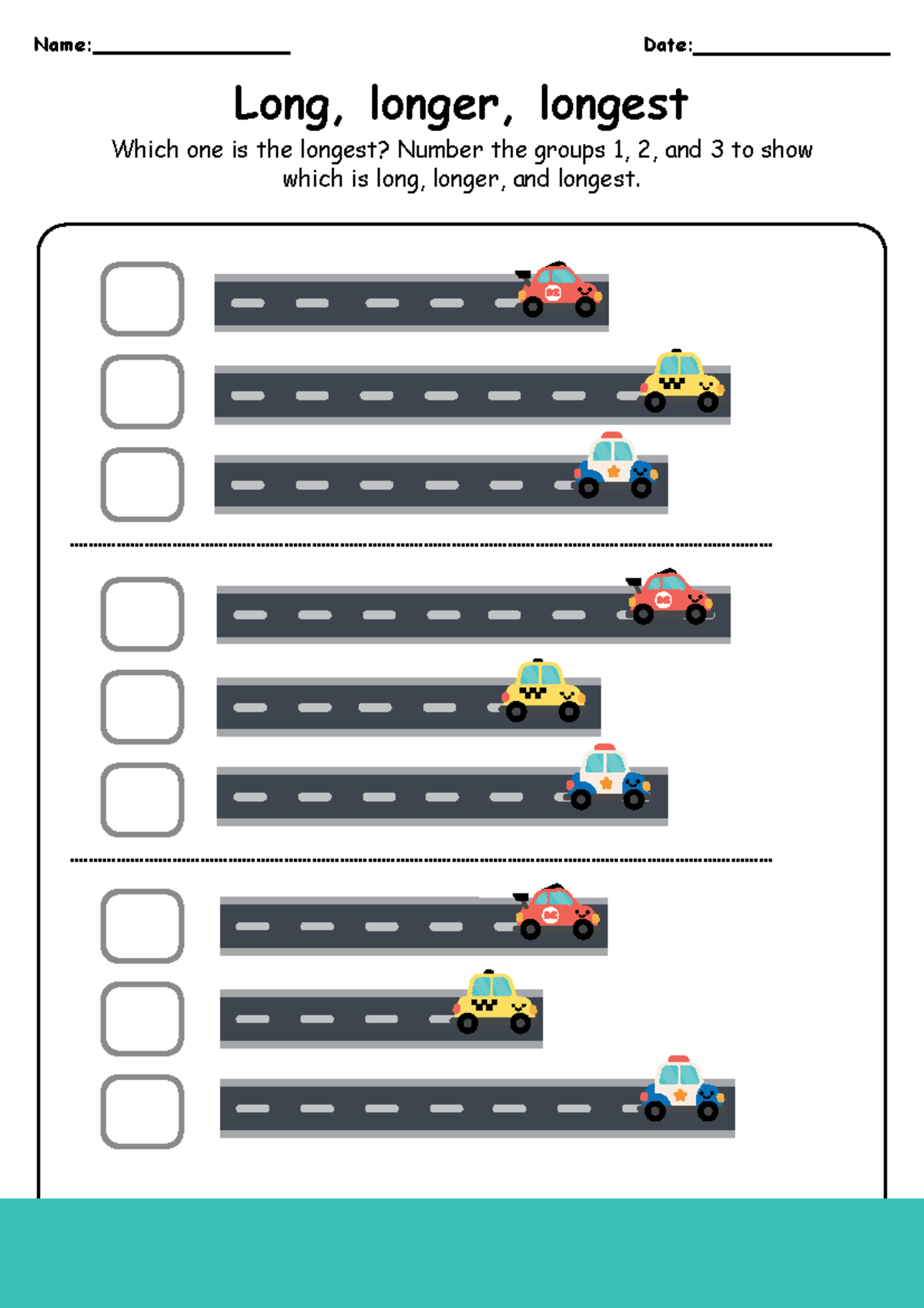 Long, Longer, Longest - 1st Grade Worksheet - Name: Date: Long, longer ...