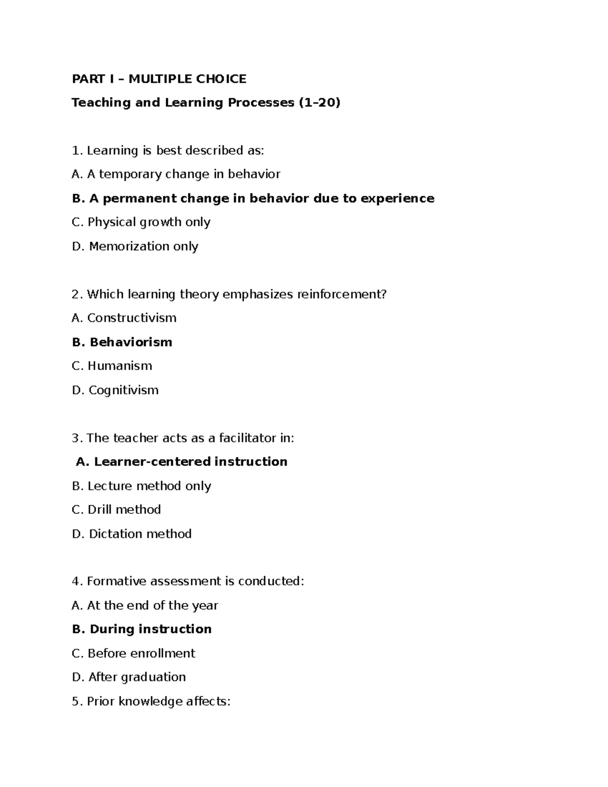 EDU 101 Final Exam: Teaching & Learning Processes MCQs - Studocu