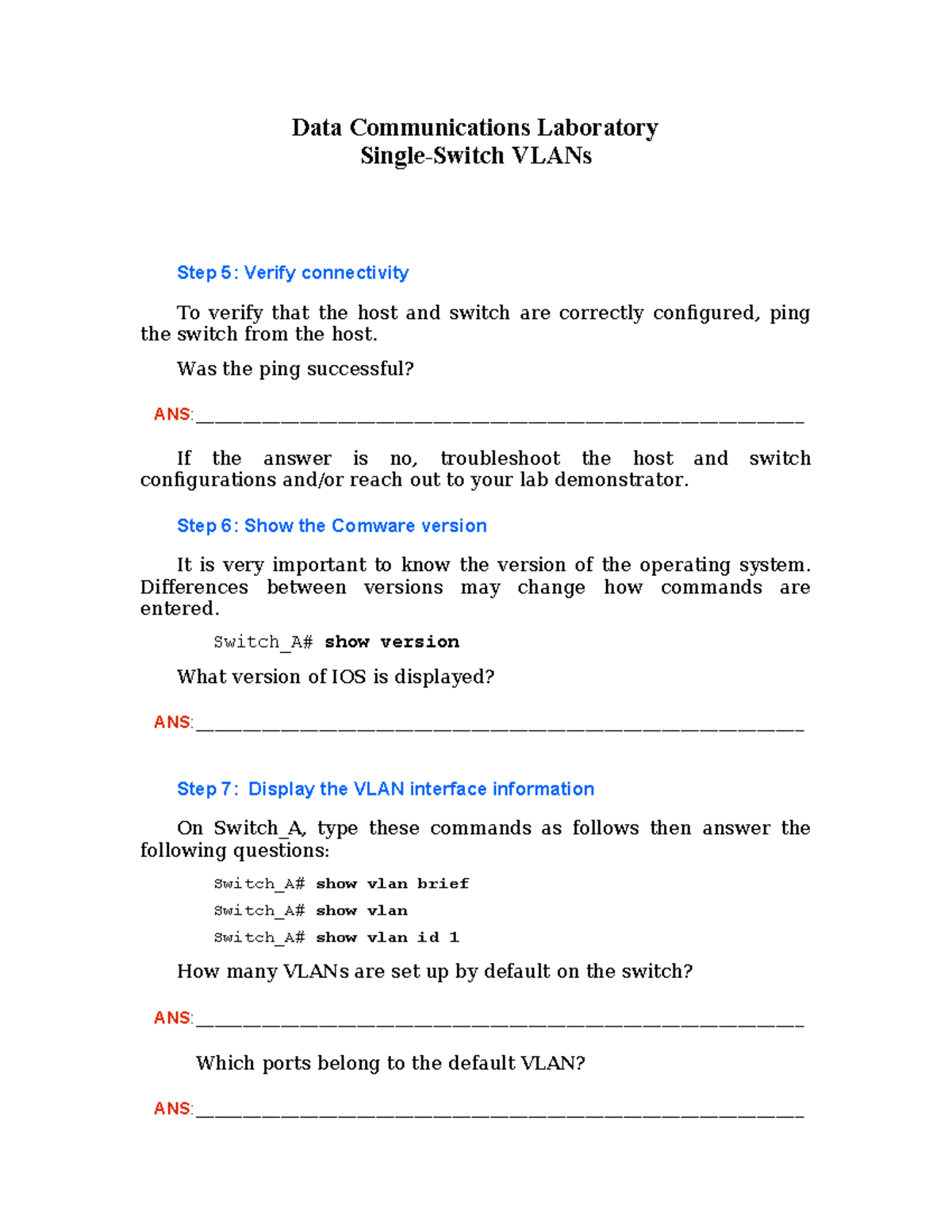 Practical - Single-Switch VLAN Setup Guide (Data Comm Lab) - Studocu