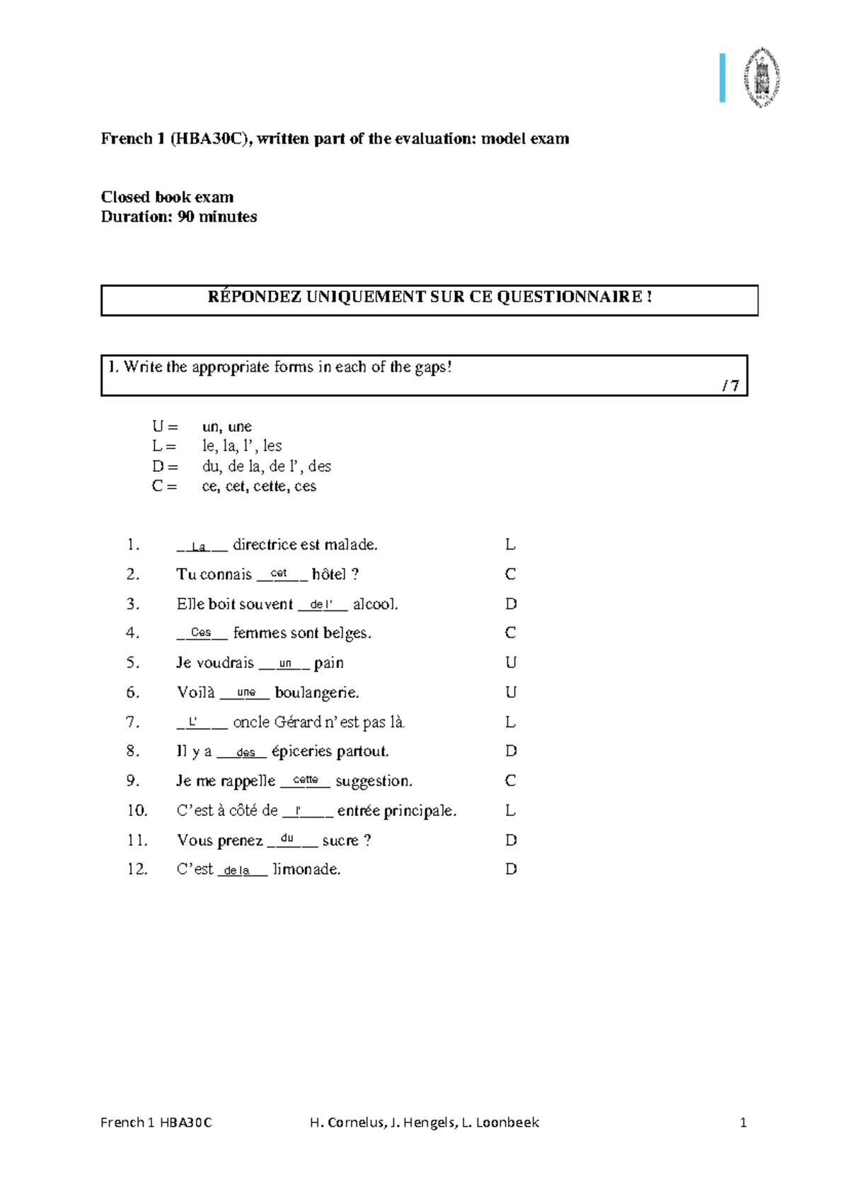 French 1 - Examen modèle 2024-2025 - French 1 (HBA30C), written part of ...
