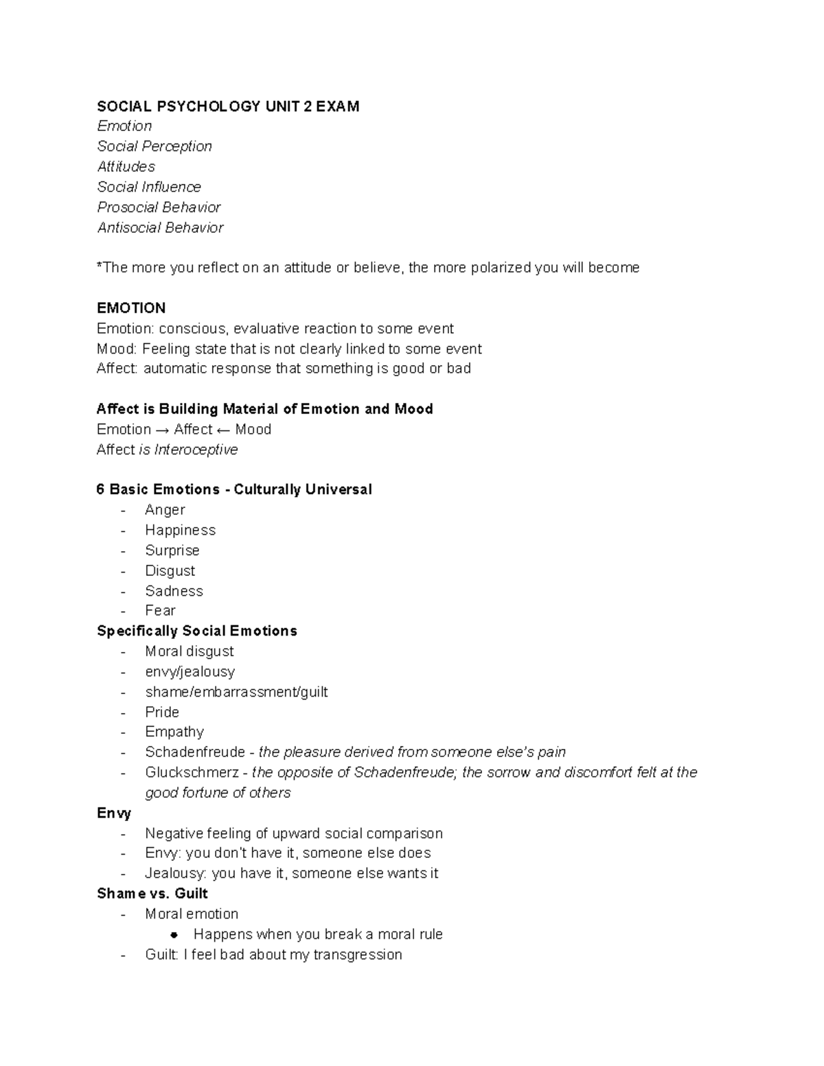 Social Psychology PSY 101 Unit 2 Exam Study Guide on Emotions ...