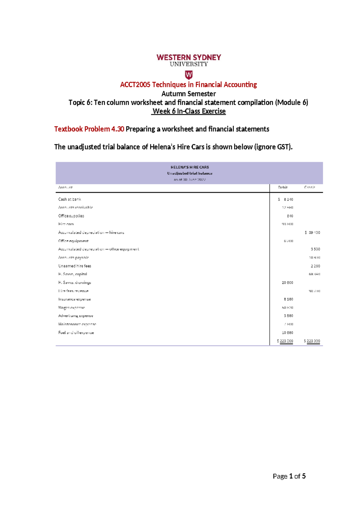 ACCT2005 Week 7 In-Class Exercise: Ten Column Worksheet & Financial ...