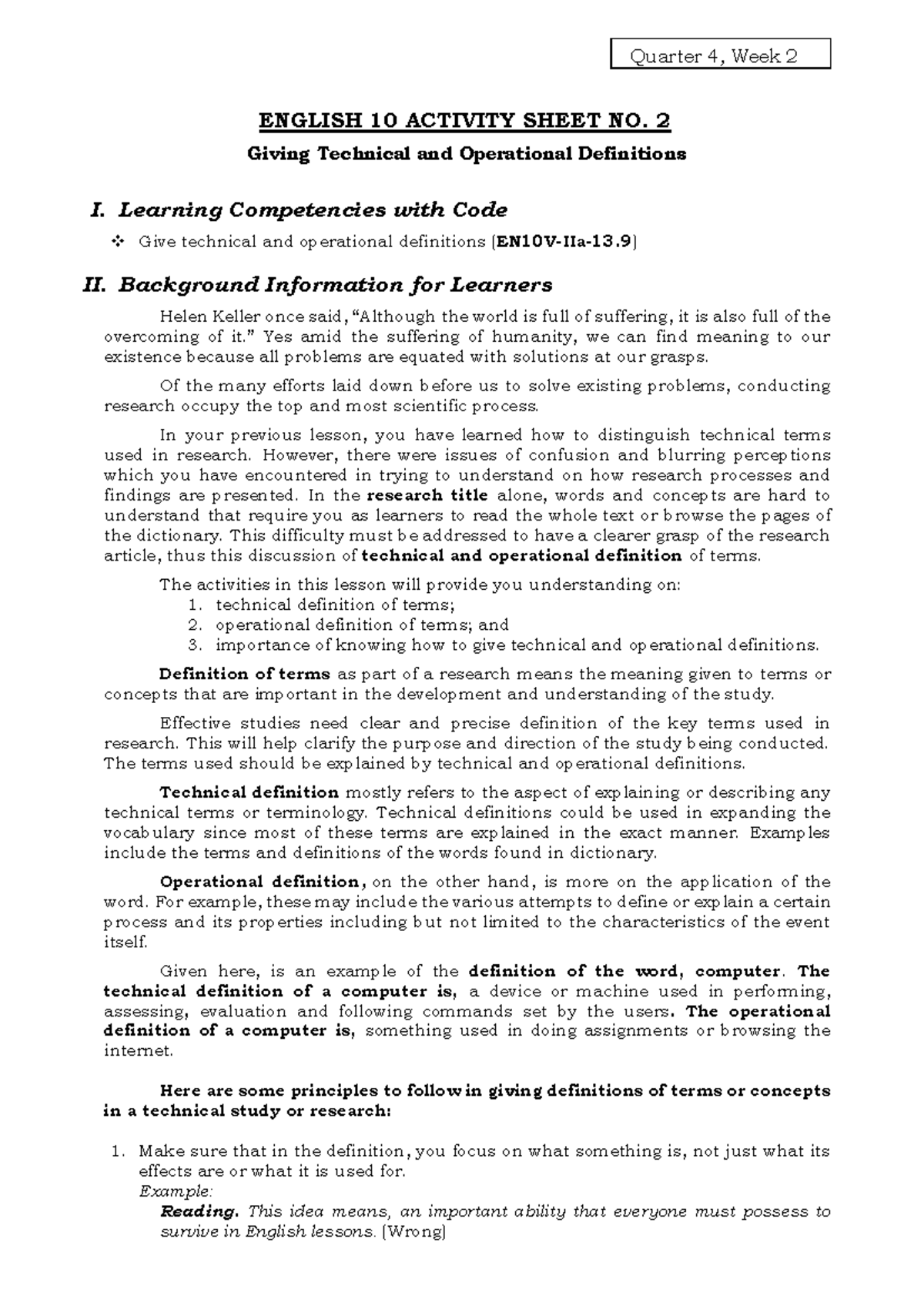 LAS-English-Q4-G10-Activity Sheet 2: Technical & Operational ...