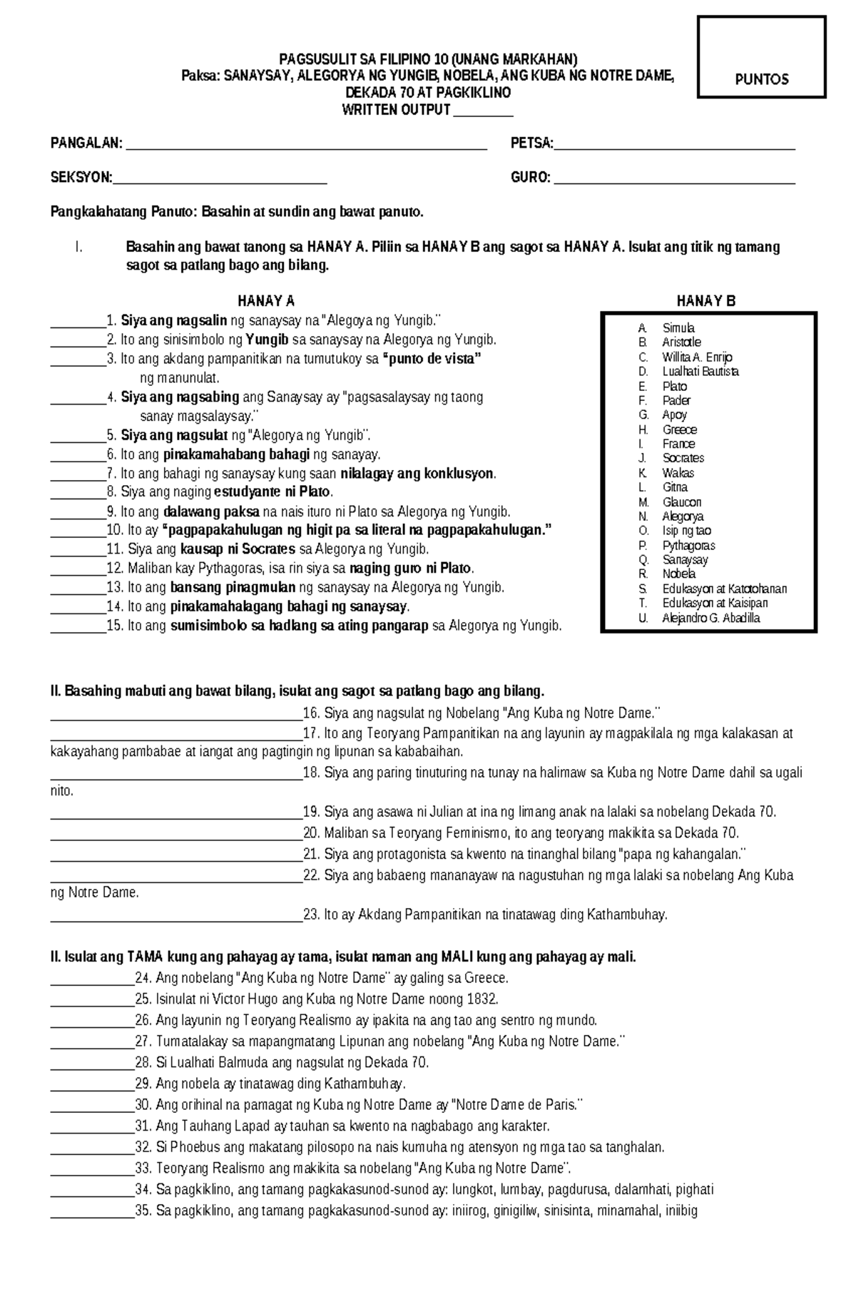 PAGSUSULIT SA FILIPINO 10: SANAYSAY AT NOBELA (UNANG MARKAHAN) - Studocu