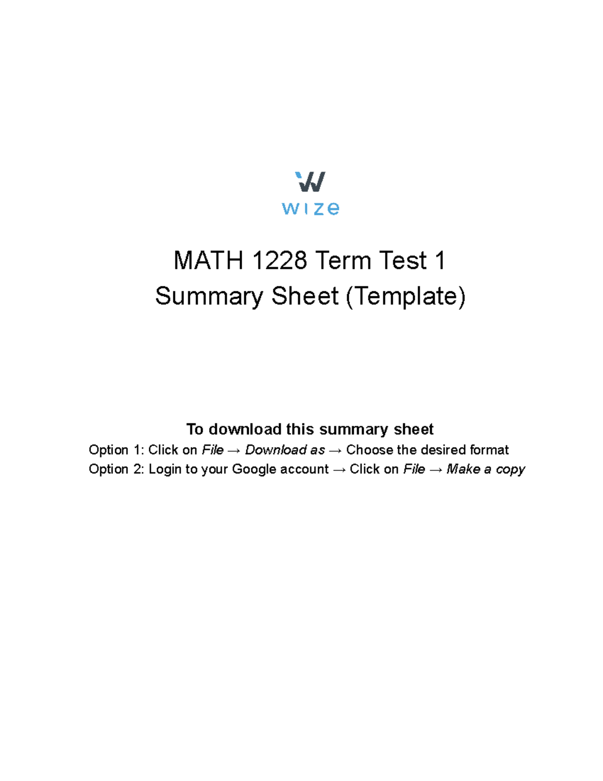 MATH 1228 Term Test 1 Summary Sheet (Template) - MATH 1228 Term Test 1 ...