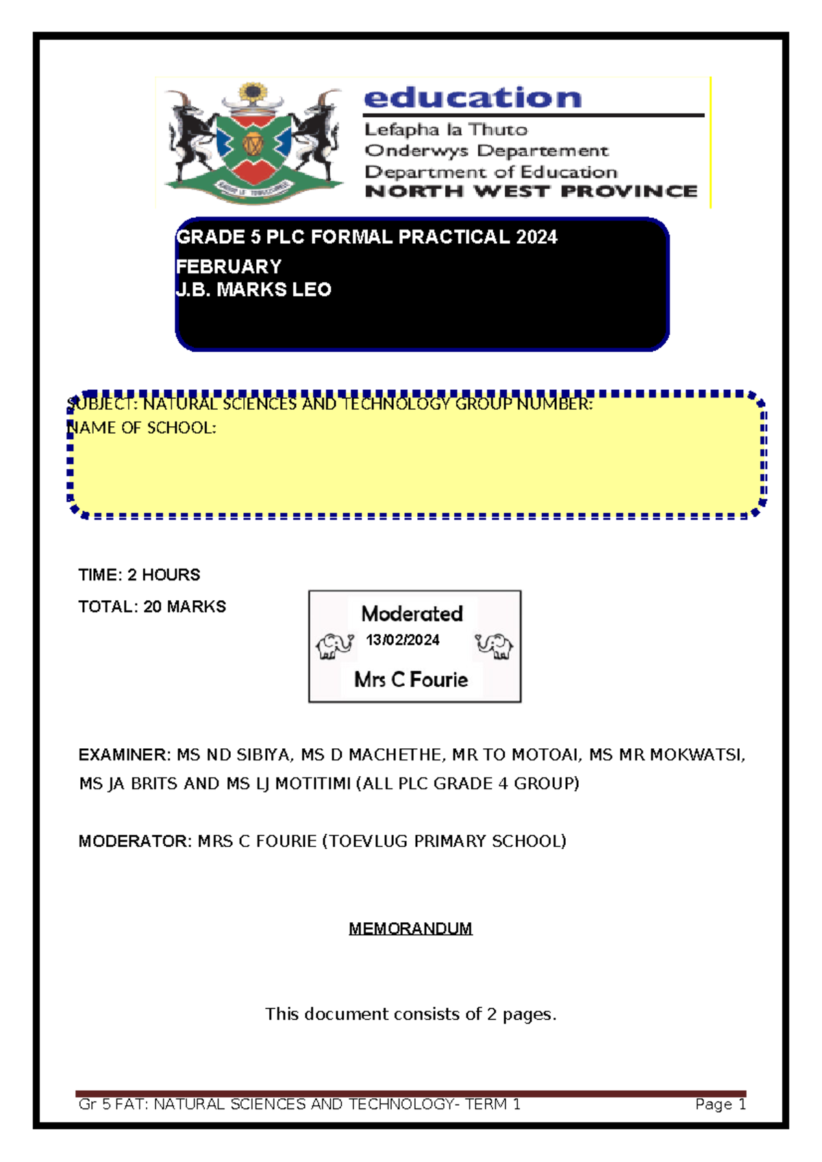 Grade 5 NSTech Practical Term 1 2025 No.1 Memo - Studocu