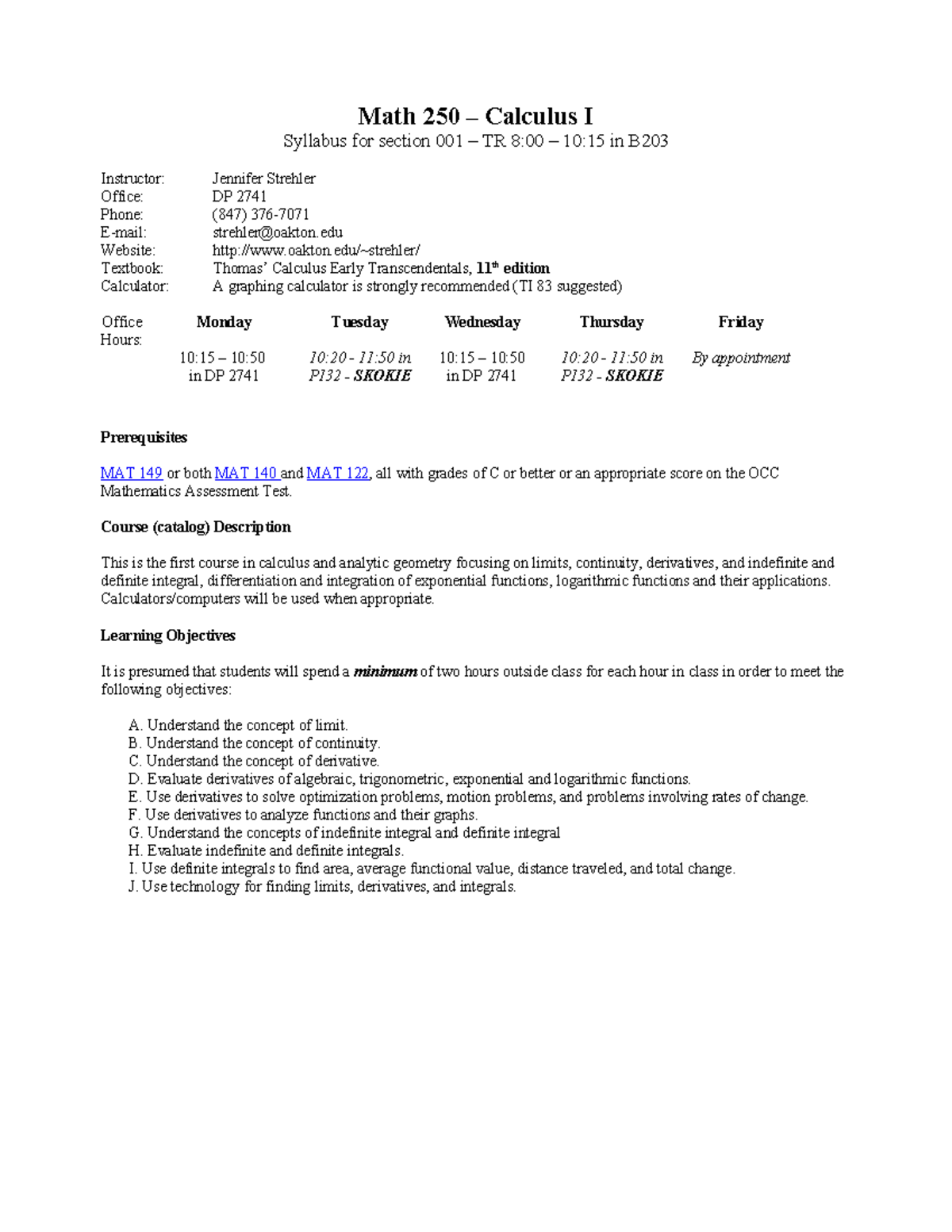 Math 250 - Summary Syllabus for Calculus I (Section 001) - Studocu