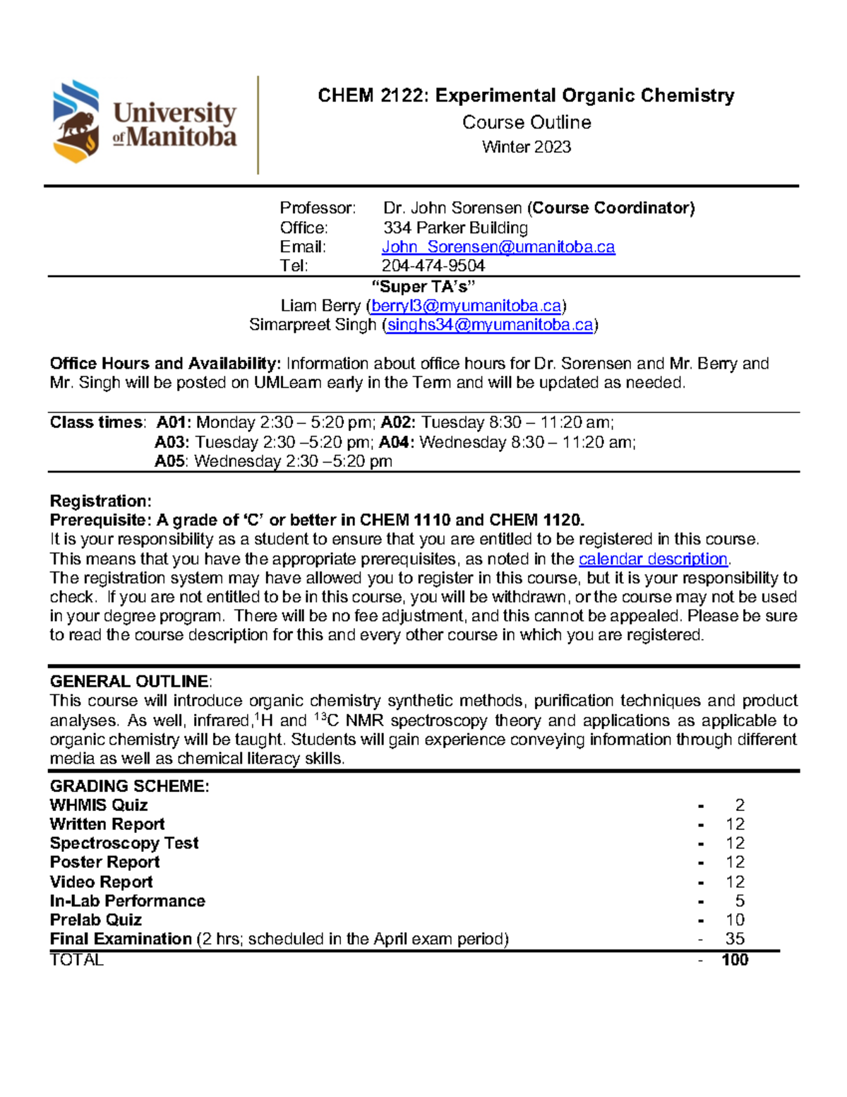 CHEM 2122 Winter 2023 Course Outline: Experimental Organic Chemistry ...