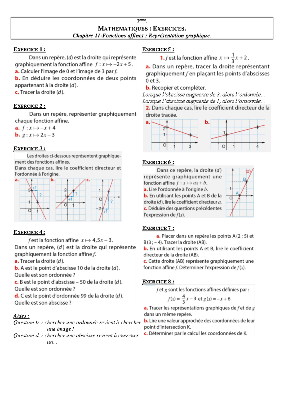 3ème MATHEMATIQUES : Chapitre 11 Exercices Affines - Studocu