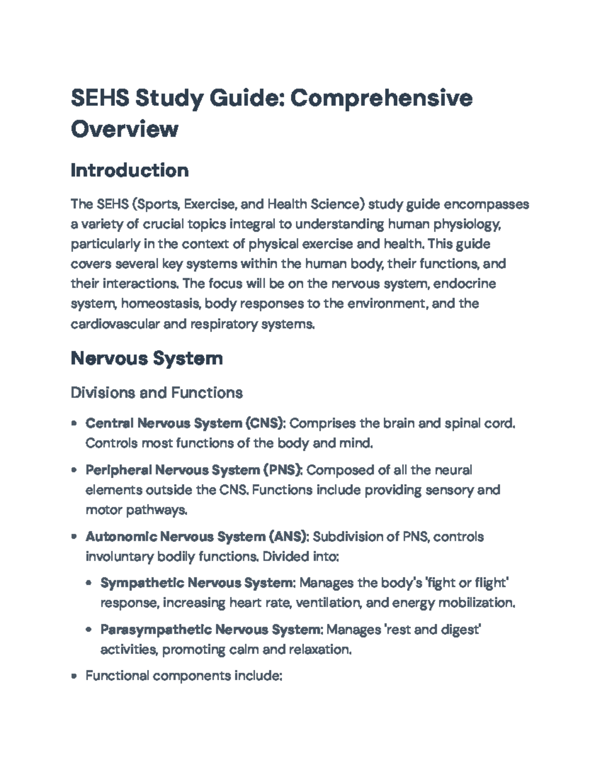 SEHS Study Guide: Human Physiology, Homeostasis, and Body Response ...