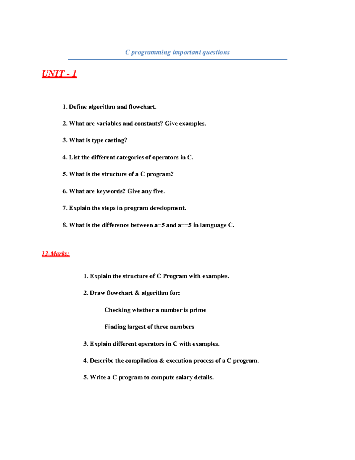 C Programming Important Questions - Unit 1 Practice Guide - Studocu