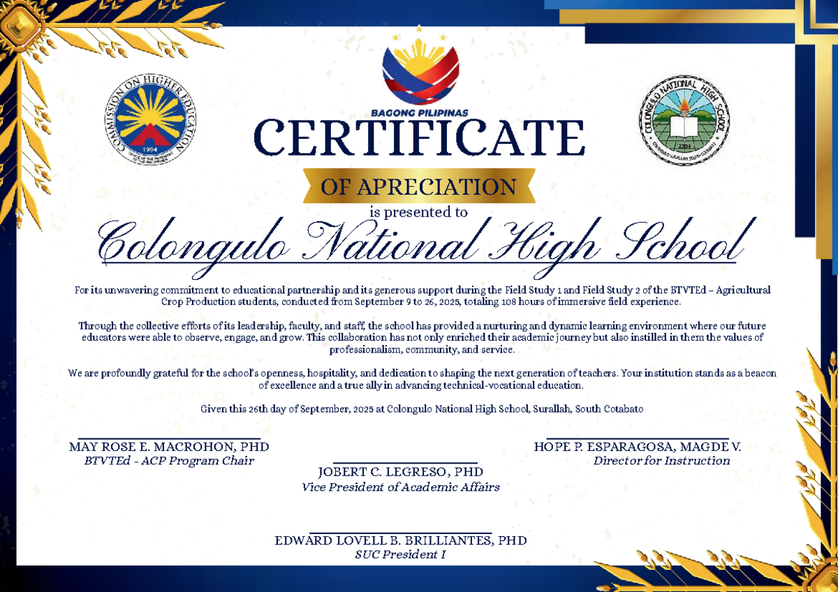 BTVTEd Field Study 1 & 2 Appreciation Certificate for Colongulo HS ...
