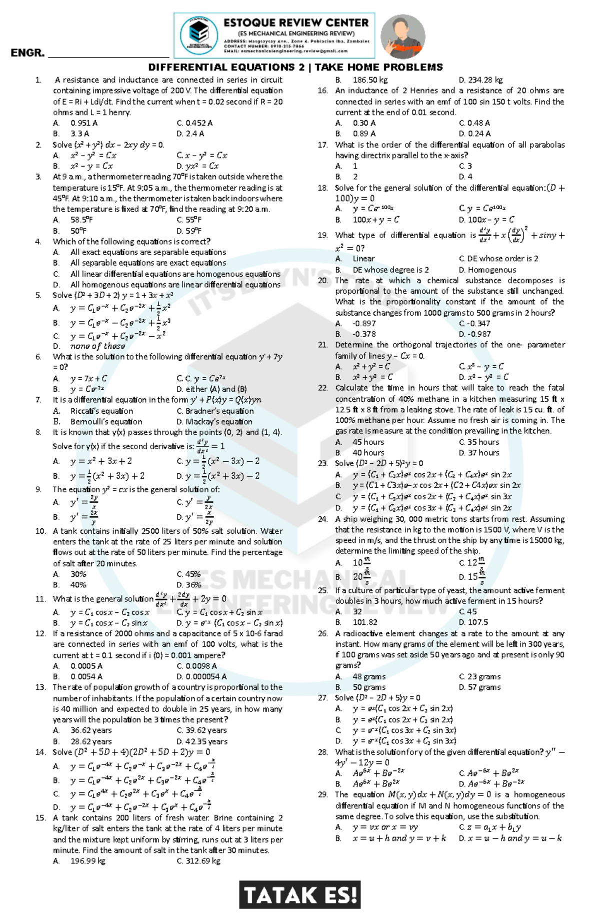 Differential equations 2 take home problems and solutions - Studocu