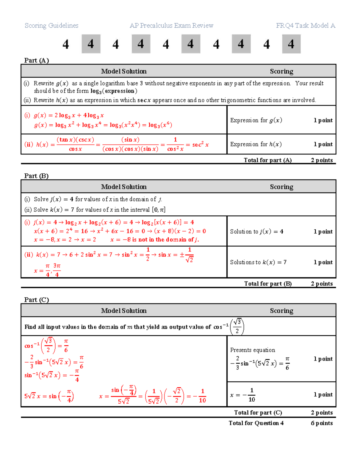 AP Precalculus Exam Review: FRQ4 Task Models A-H Solutions - Studocu