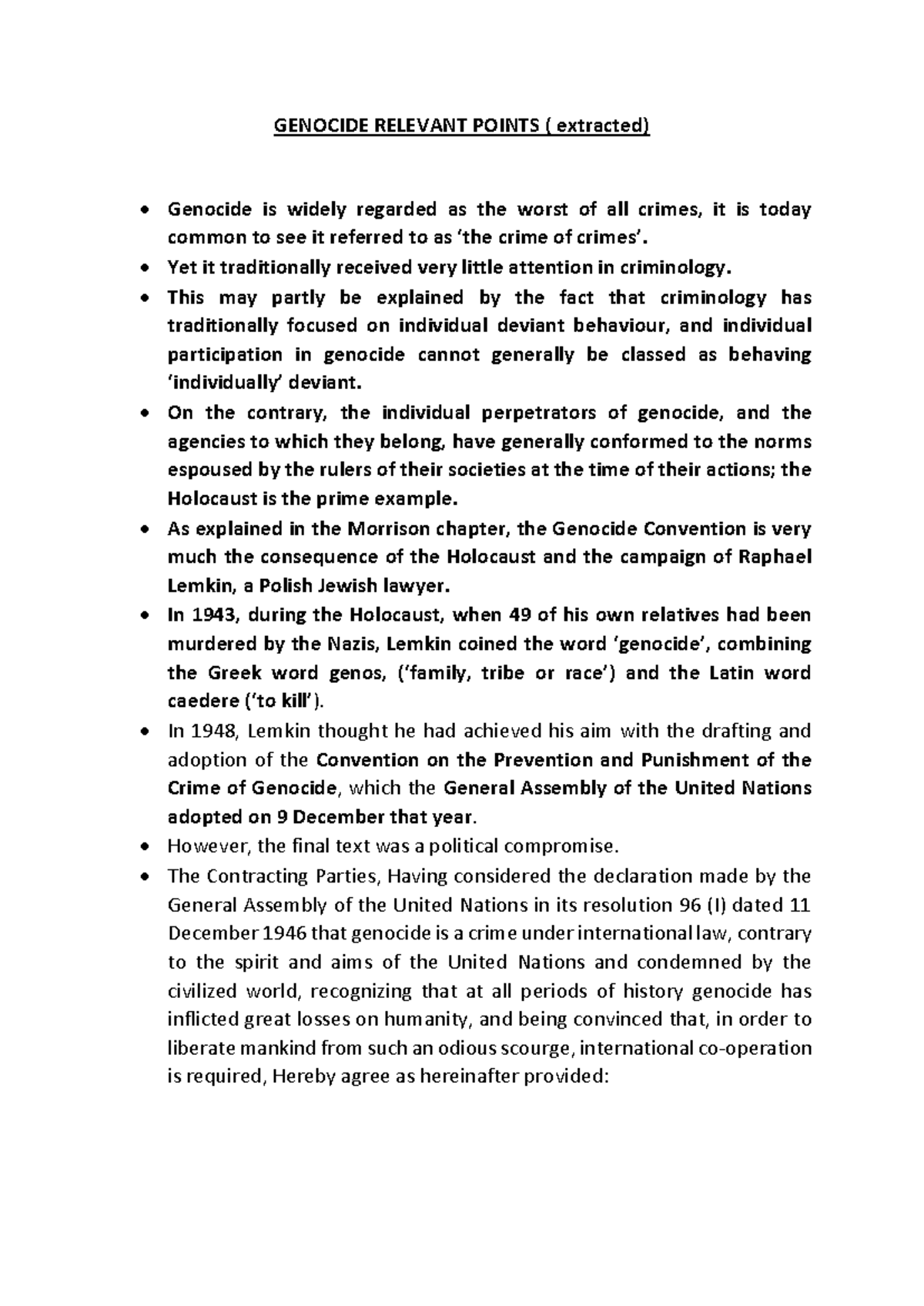 Criminology notes - GENOCIDE RELEVANT POINTS ( extracted) Genocide is ...