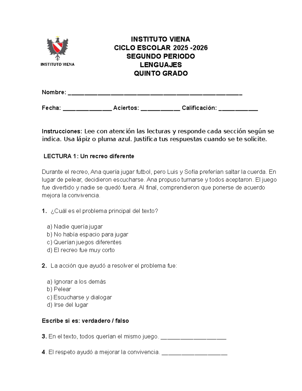 Lenguajes 2do Período - Examen de Lectura y Comprensión - Studocu