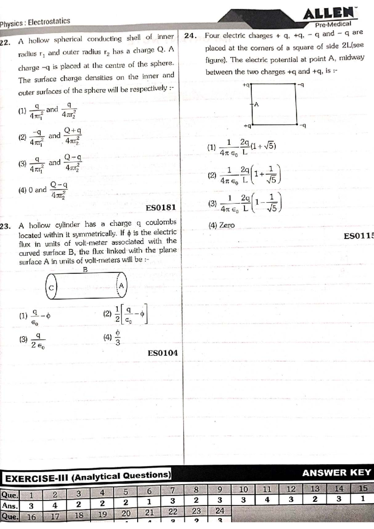 Physics ES0181: Electrostatics Questions and Solutions for Class 12 ...