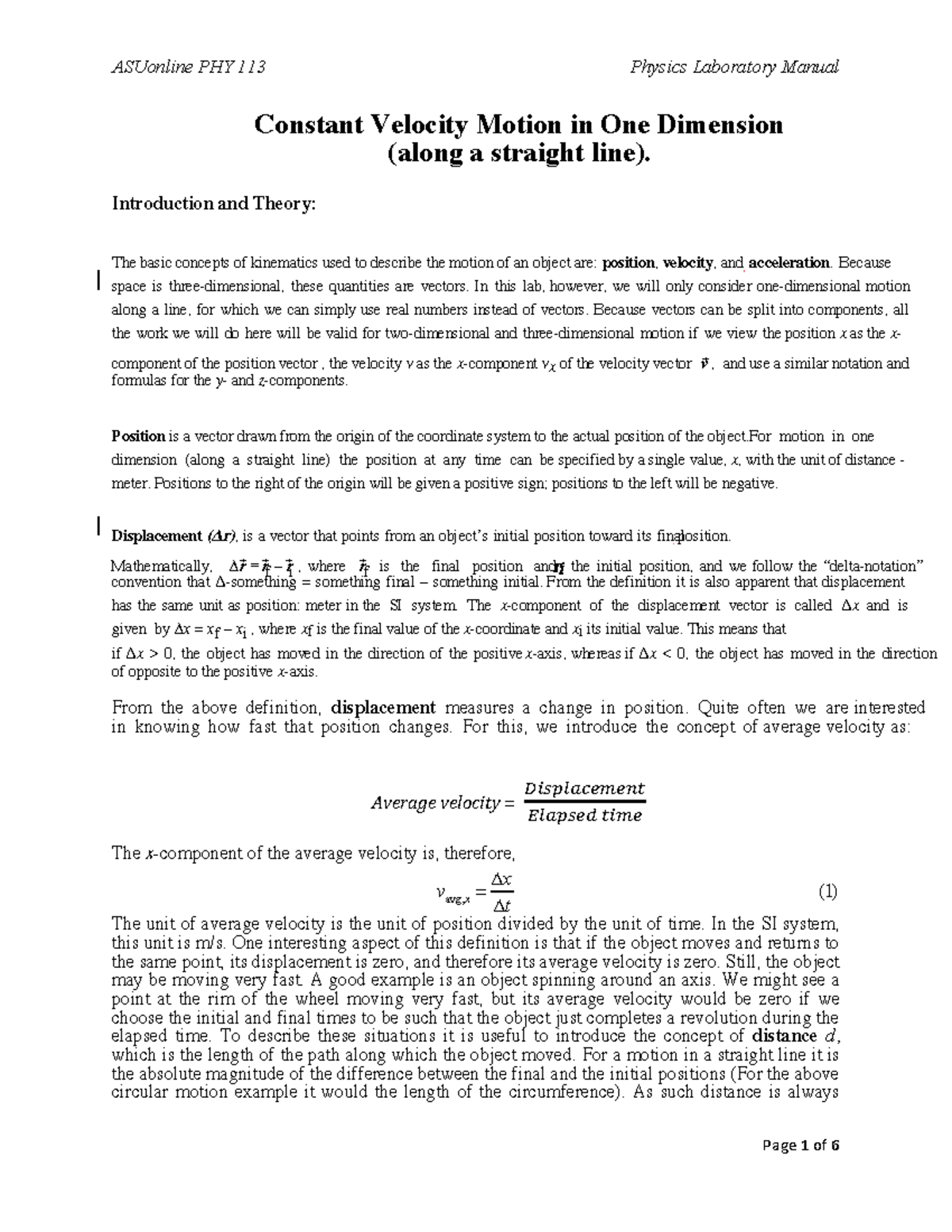 Lab Manual 2: Constant Velocity Motion in One Dimension - Studocu