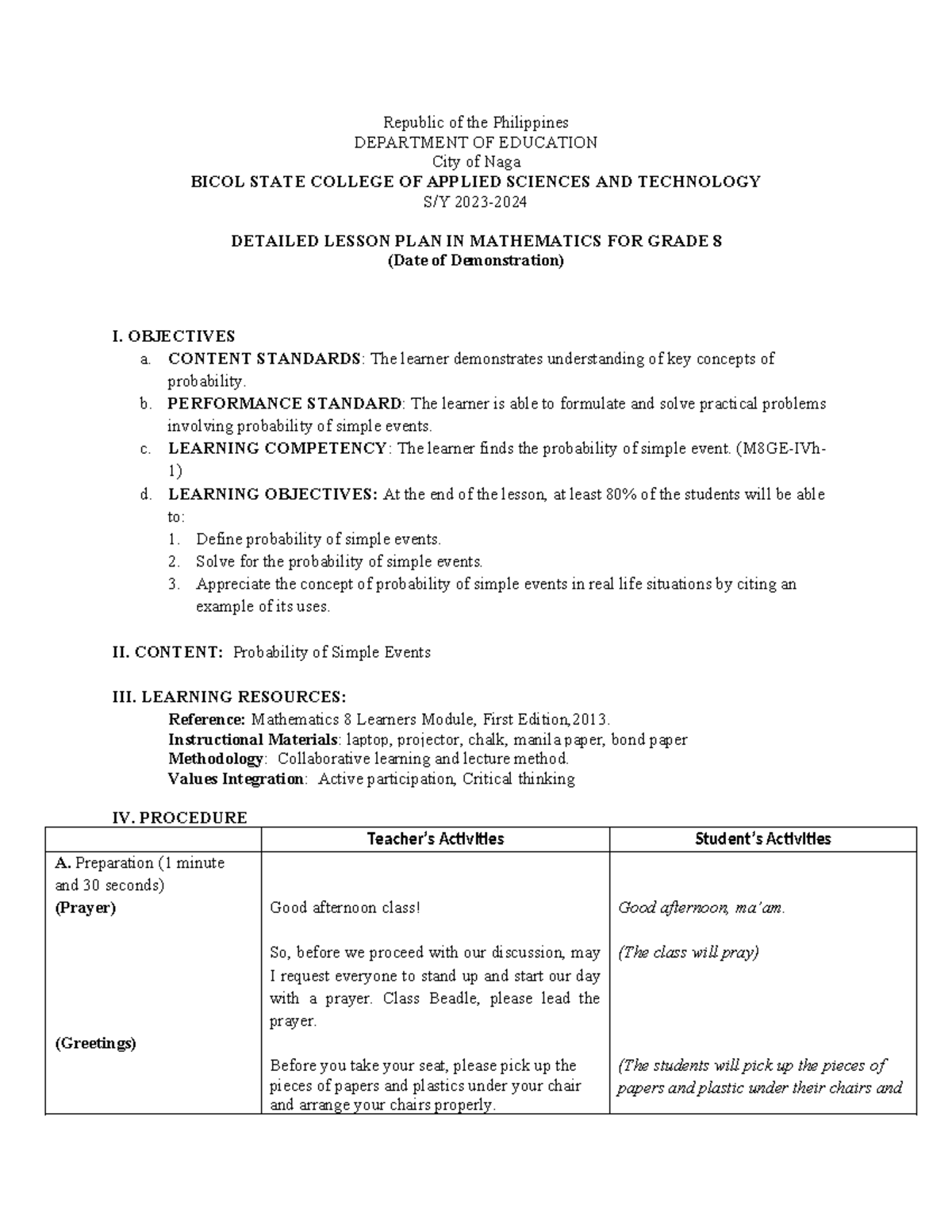 LP-Mathematics Grade 8 Lesson Plan: Probability of Simple Events - Studocu