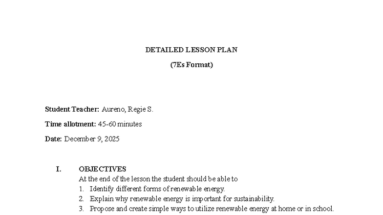 Detailed Lesson Plan on Renewable Energy (7Es Format) - Regie 071728 ...