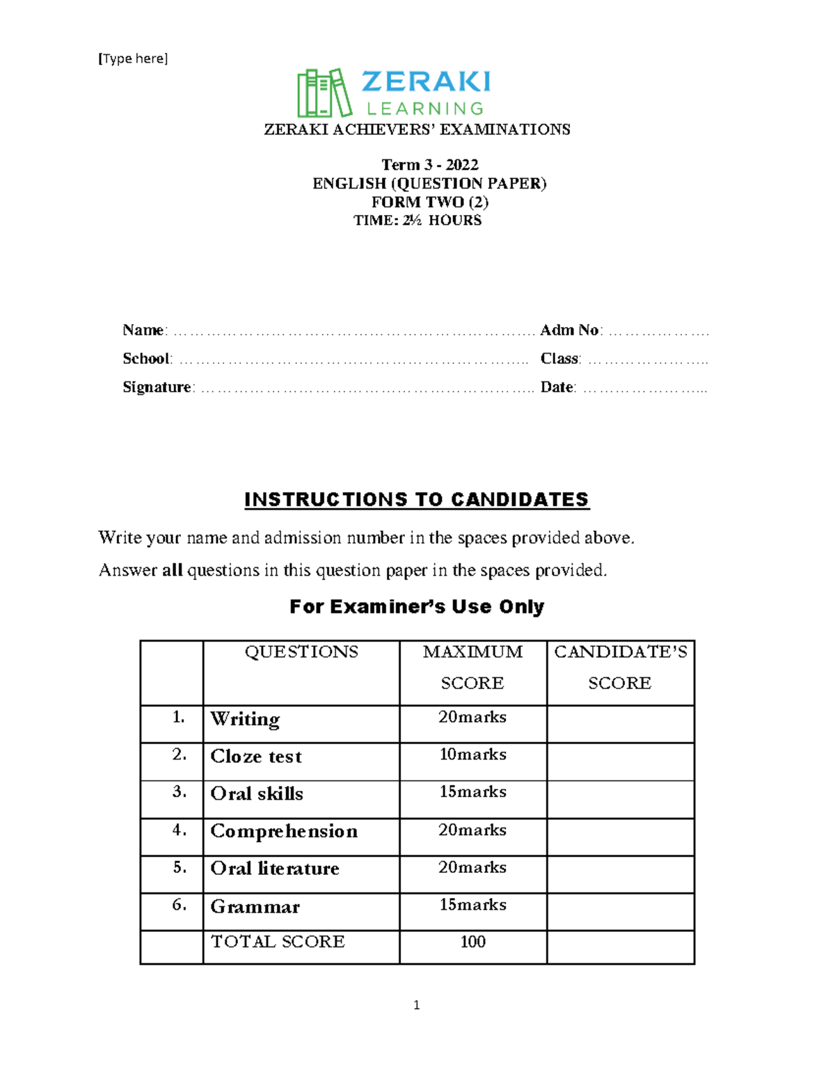 English Form 2 - Zeraki Achievers Term 3 2022 Exam Questions - Studocu