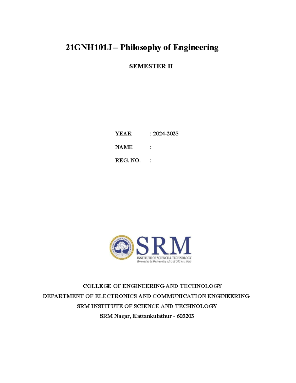 21GNH101J Philosophy of Engineering Lab Index & Cover Page - Studocu