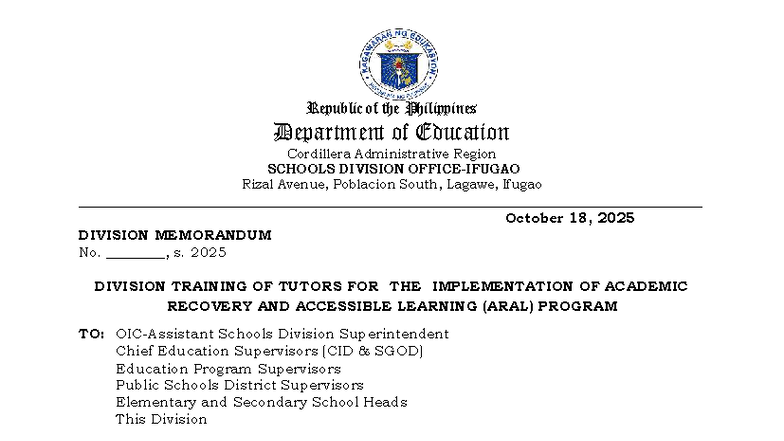 DIVISION MEMO: Training of Tutors for ARAL Program Implementation - Studocu