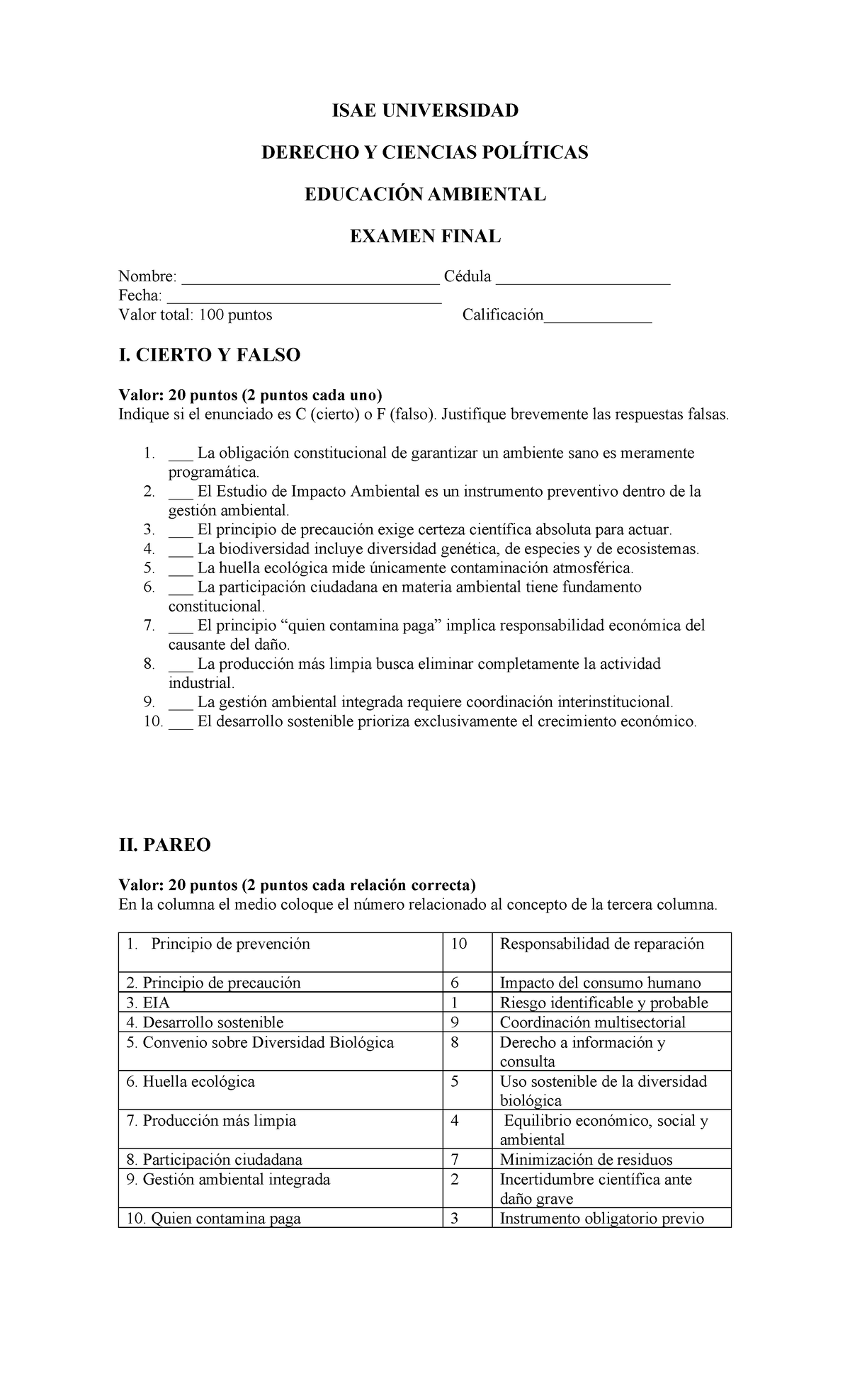 ISAE - Examen Final Educación Ambiental: Cierto y Falso, Pareo ...