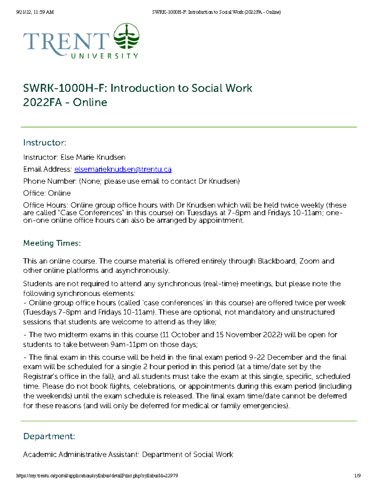 SWRK1000 Syllabus - SWRK-1000H-F: Introduction to Social Work 2022FA ...