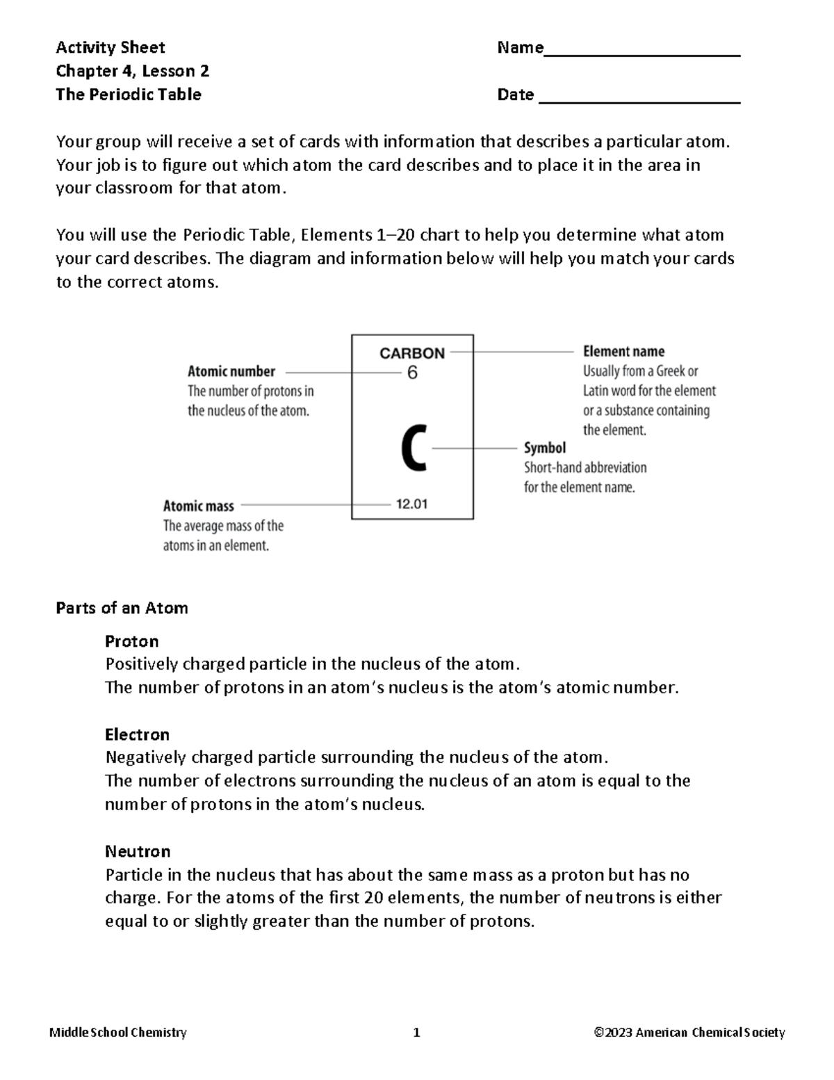 Activity Sheet: Chapter 4, Lesson 2 - The Periodic Table - Studocu