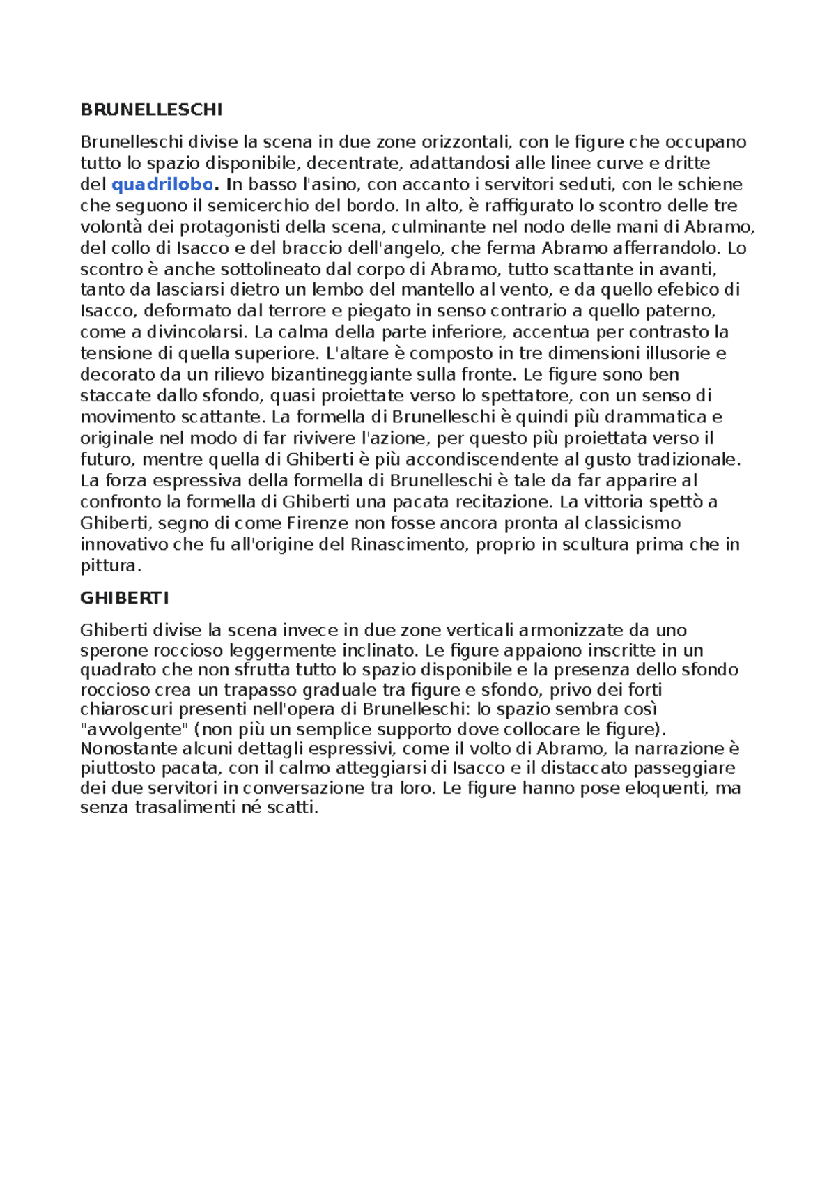 Formelle di Brunelleschi e Ghiberti: Riassunto Comparativo - Studocu