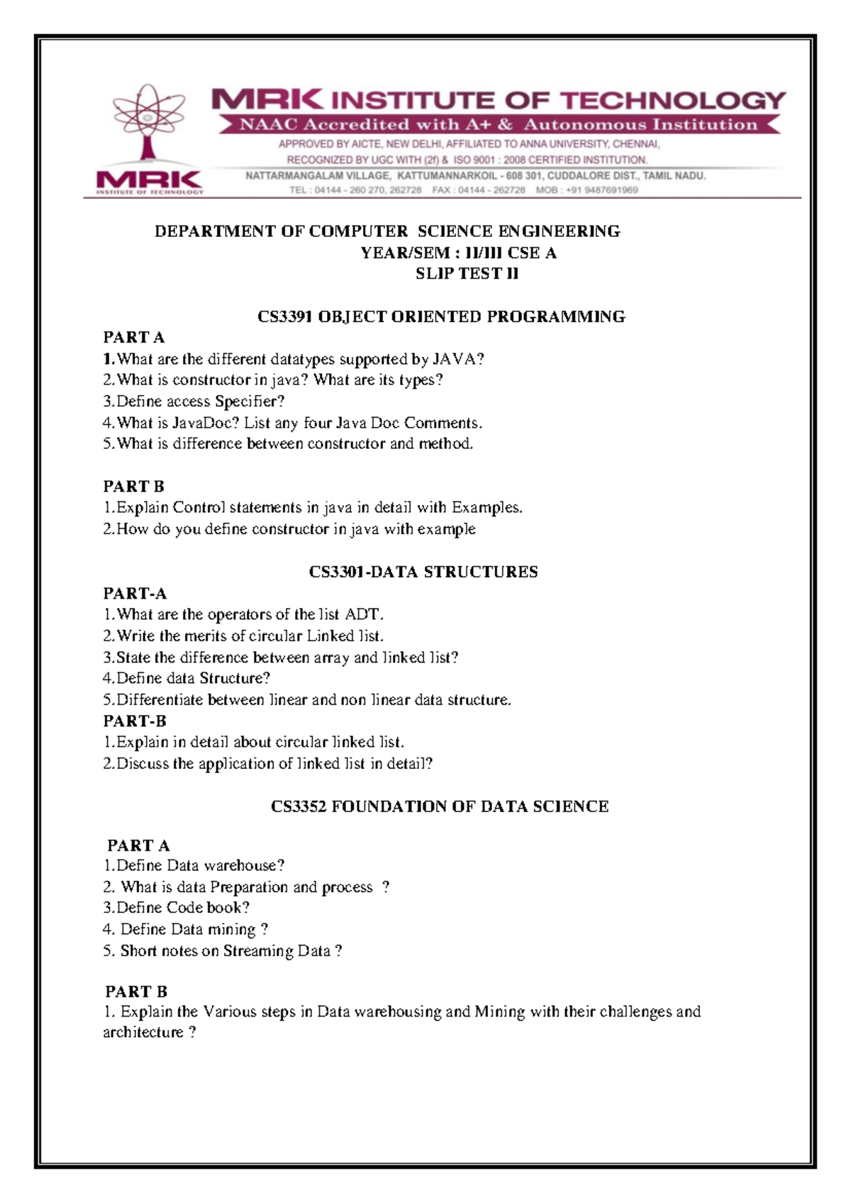 CSE A Slip Test II: CS3391 & CS3352 Questions on OOP & Data Science ...