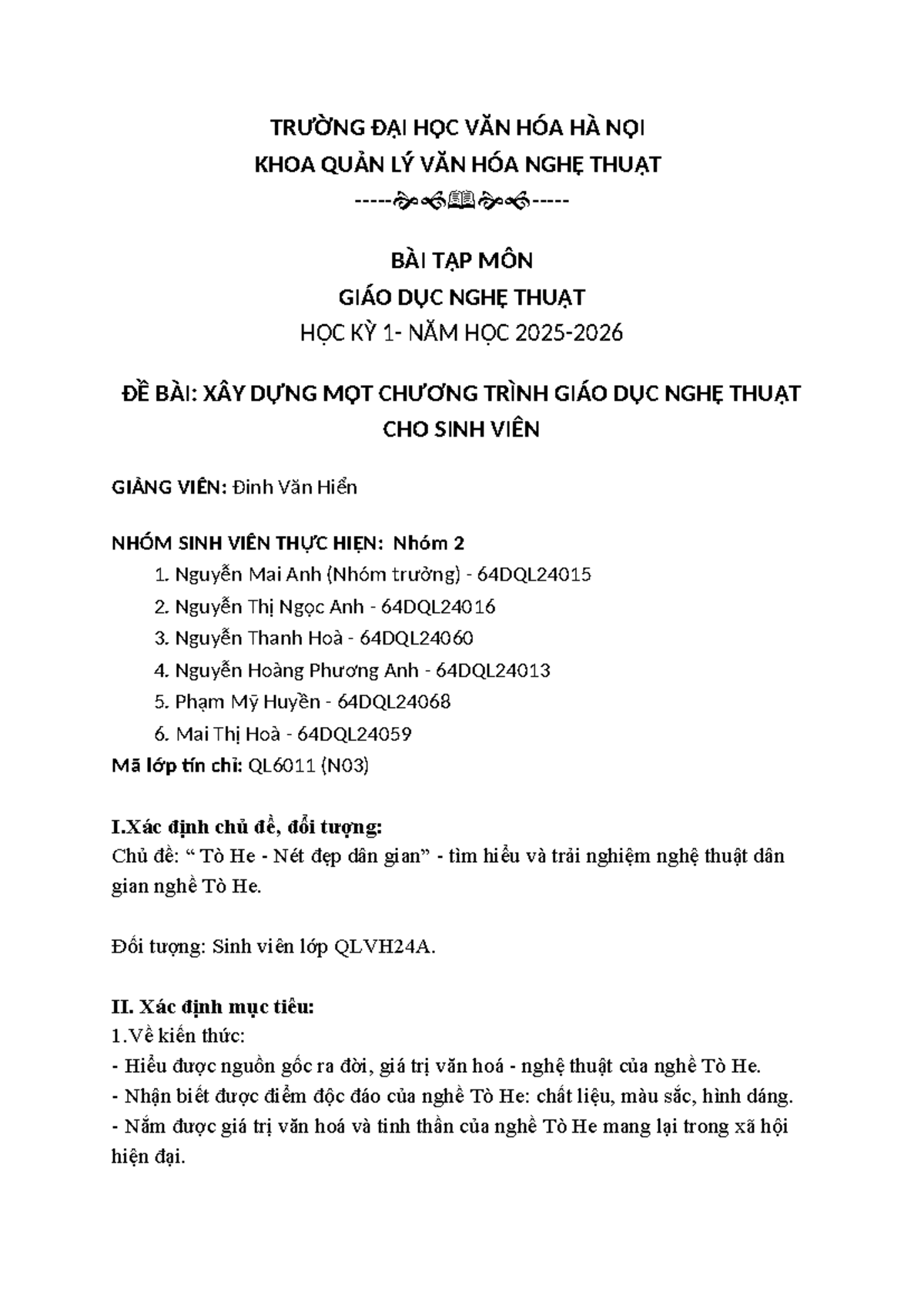 Tập Môn Giáo Dục Nghệ Thuật: Chương Trình Tò He cho Sinh Viên QL6011 ...