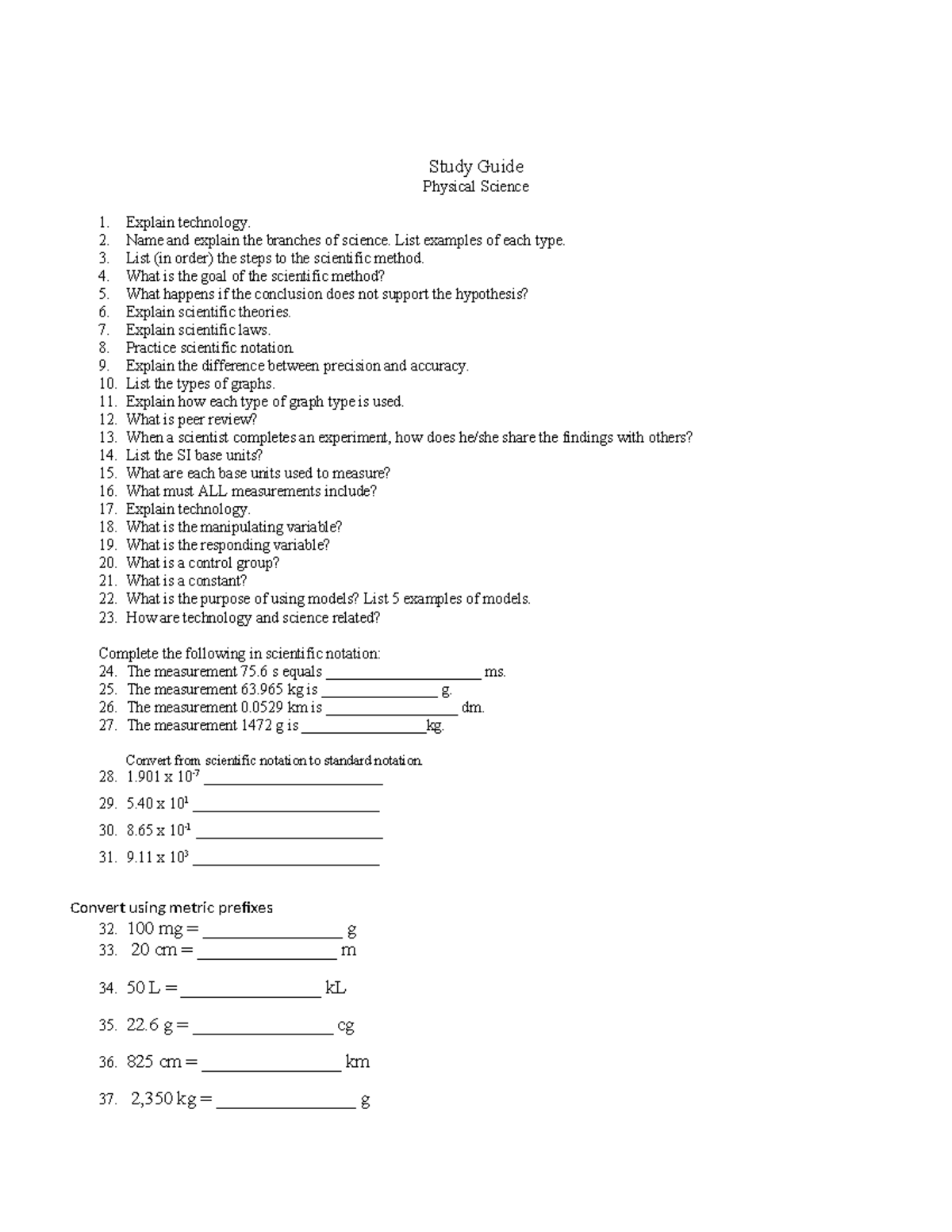 Copy of Ch 1 Study Guide* - Study Guide Physical Science 1. Explain ...