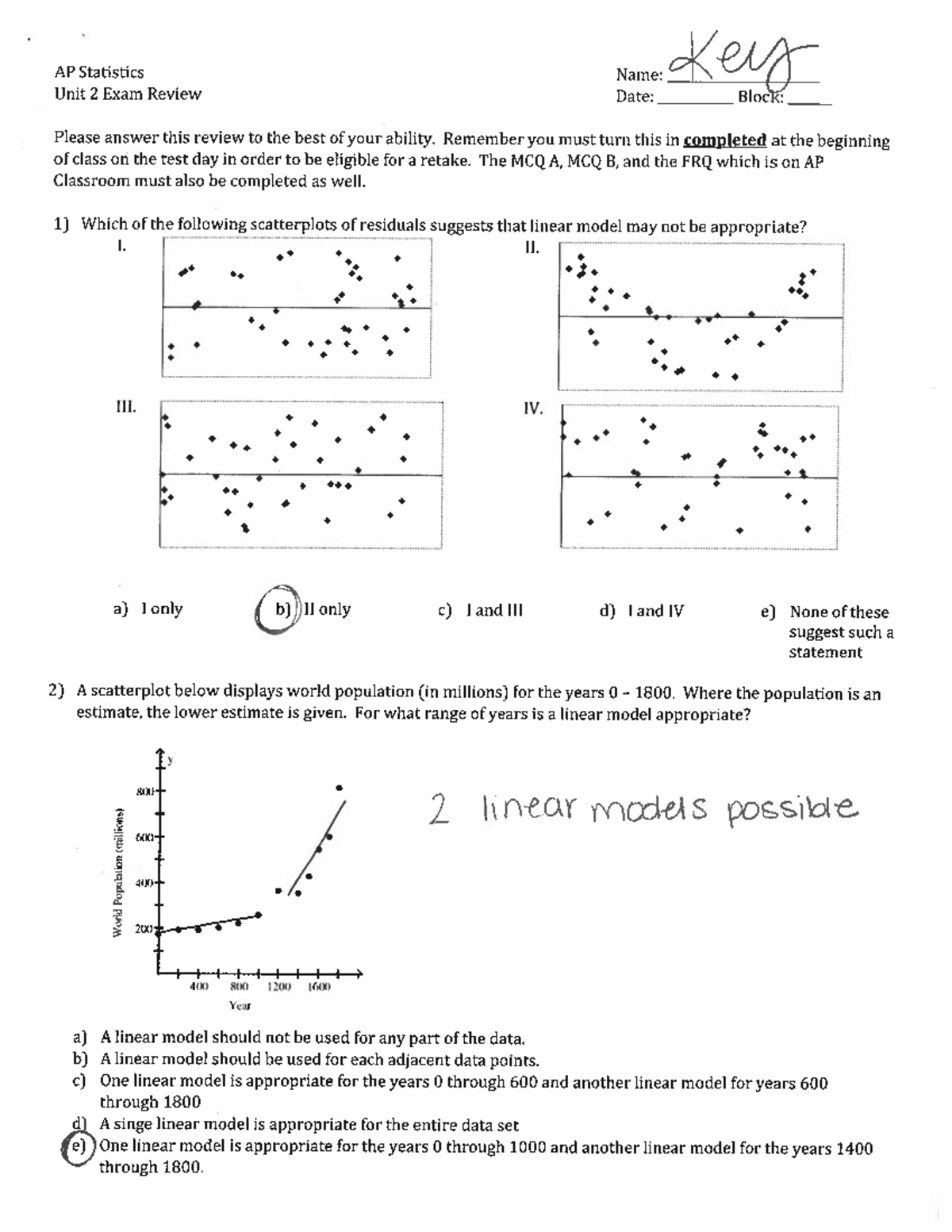 Ap Statistics Unit 2 Exam Review Packet Key Concepts And Questions