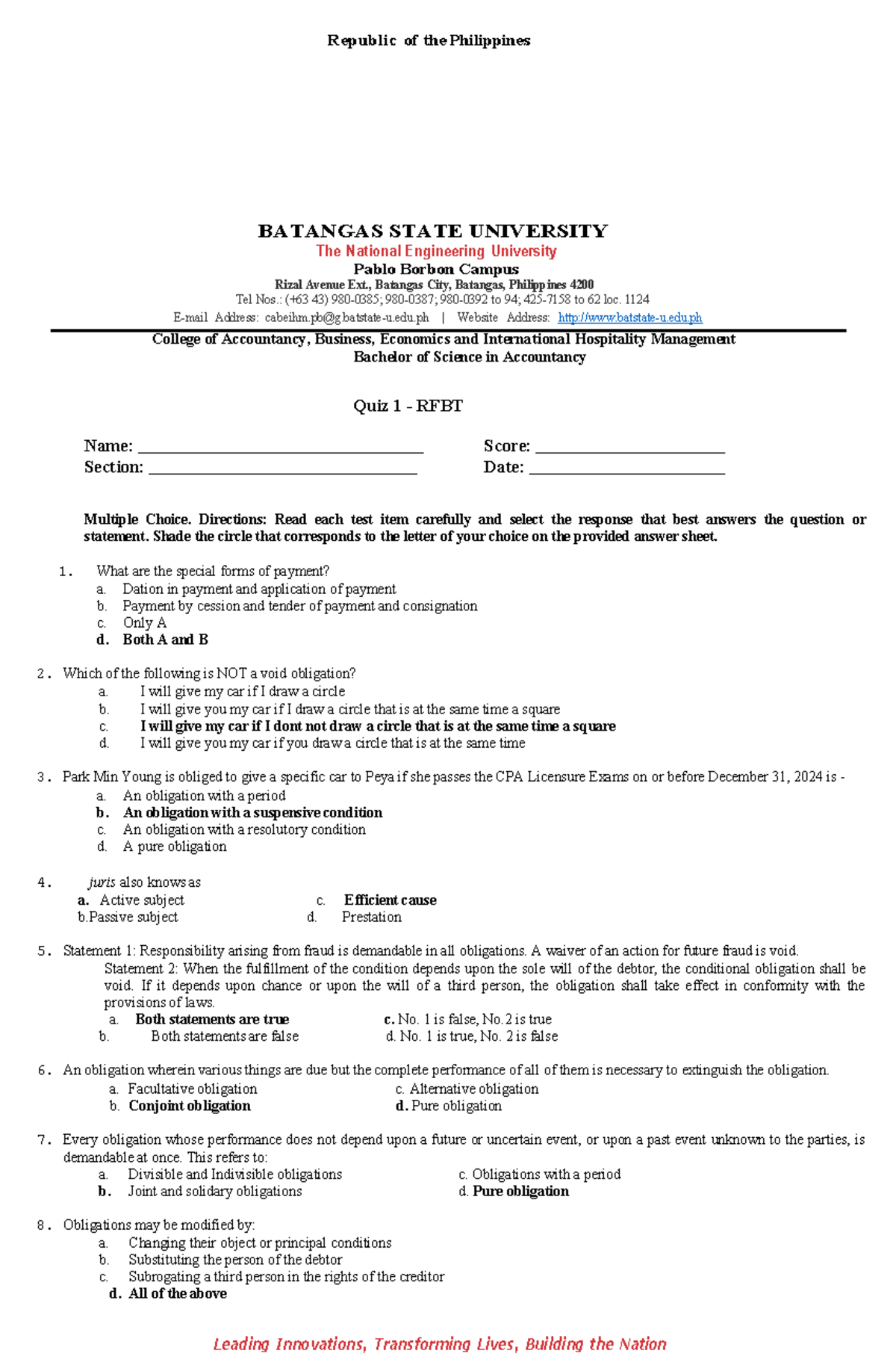 Oblicon-Quiz 1: Obligations and Contracts Comprehensive Reviewer - Studocu