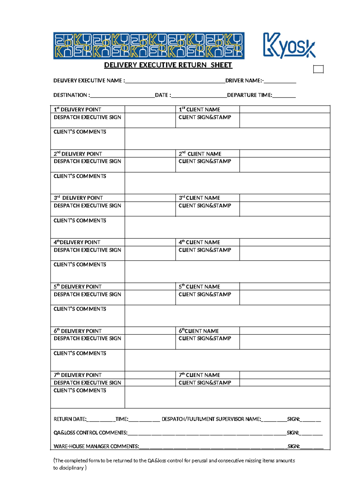 Delivery Executive Return Sheet - DELIVERY EXECUTIVE RETURN SHEET ...