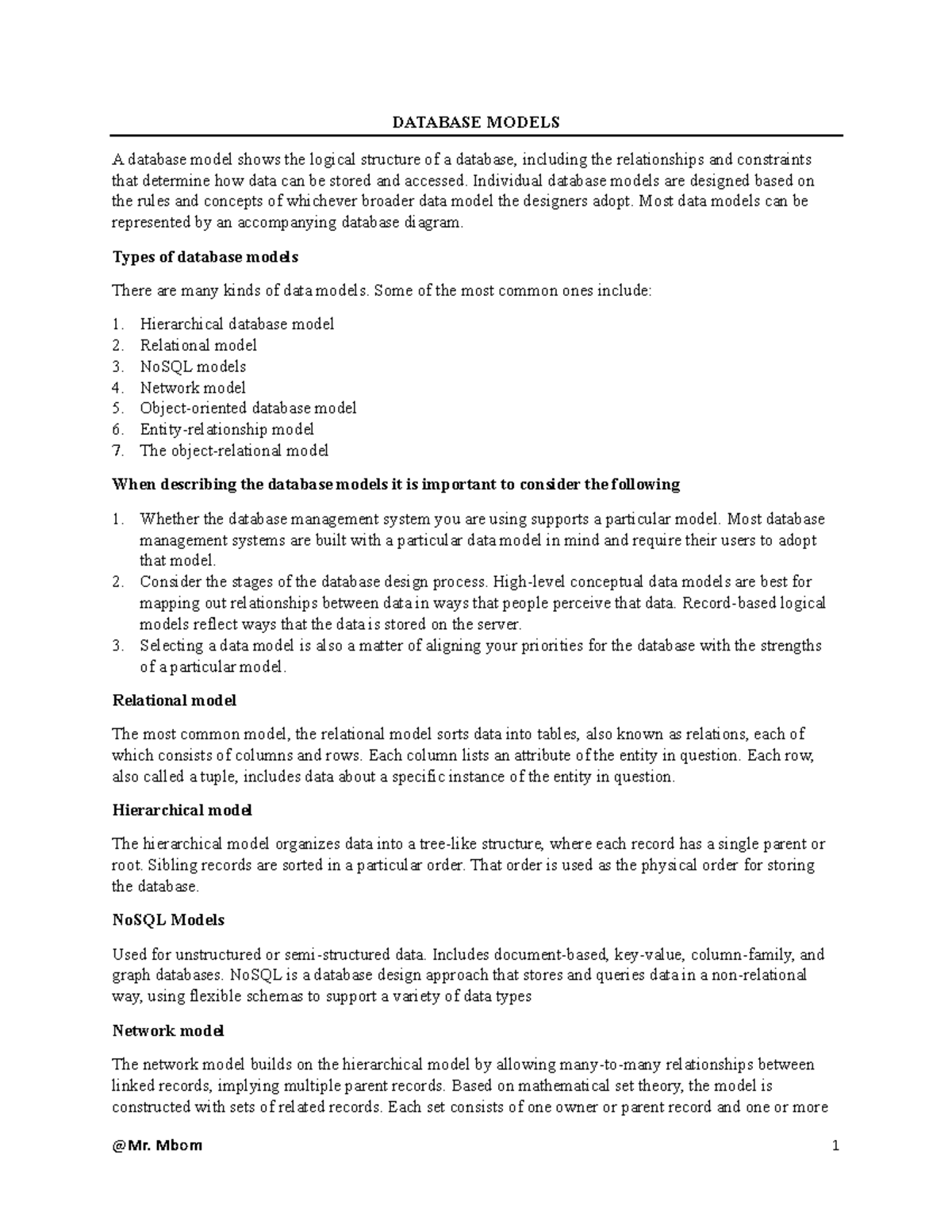 DATABASE MODELS: Understanding Structures and Relationships in DBMS - Studocu