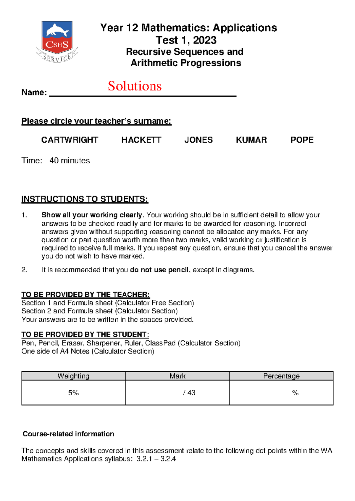Yr 12 Math Apps Test 1 2023 Solutions: Recursive Sequences & APs - Studocu