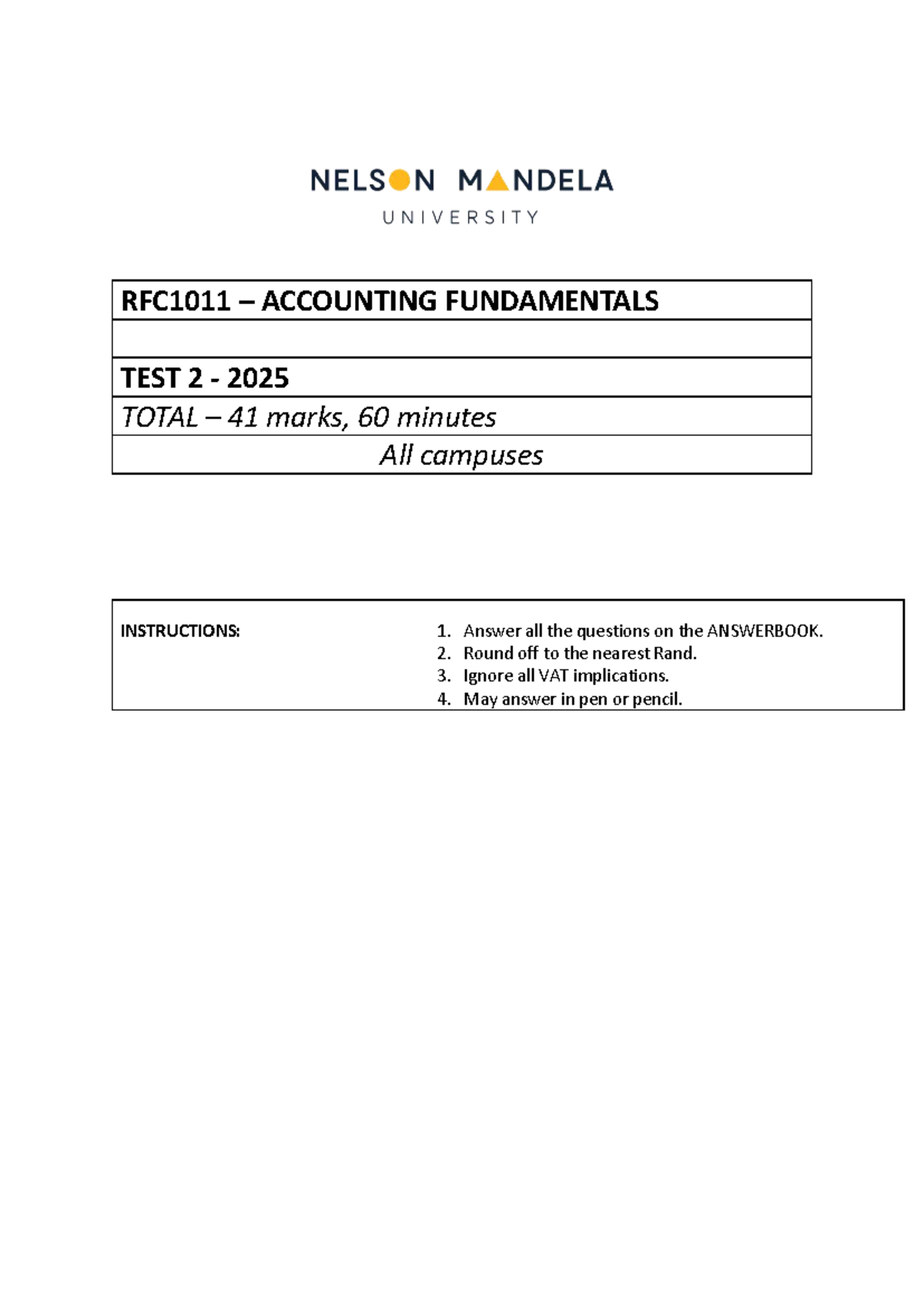 RFC1011 Accounting Fundamentals Test 2 - 2025 Question Paper - Studocu