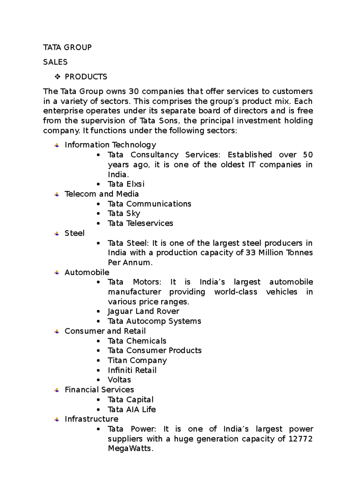 TATA Group - TATA GROUP SALES PRODUCTS The Tata Group owns 30 companies ...