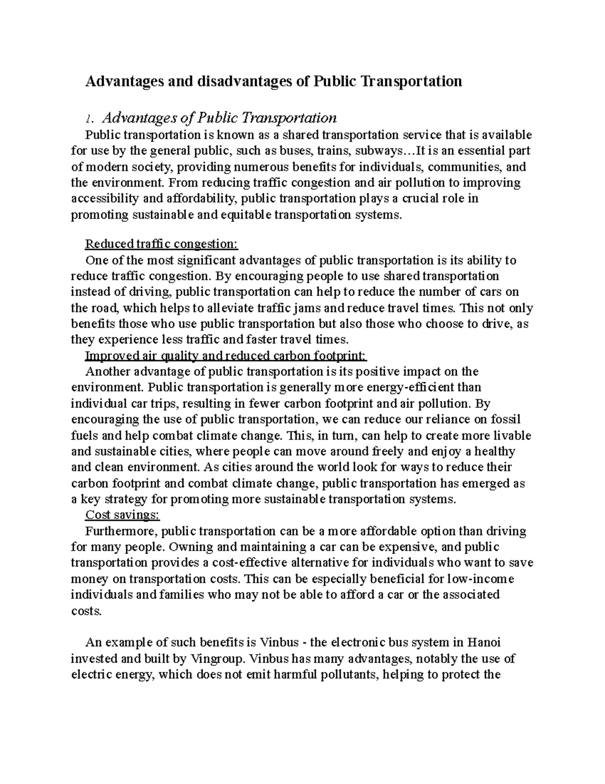 Public Transportation: Pros and Cons Analysis (Course Code: PT101 ...